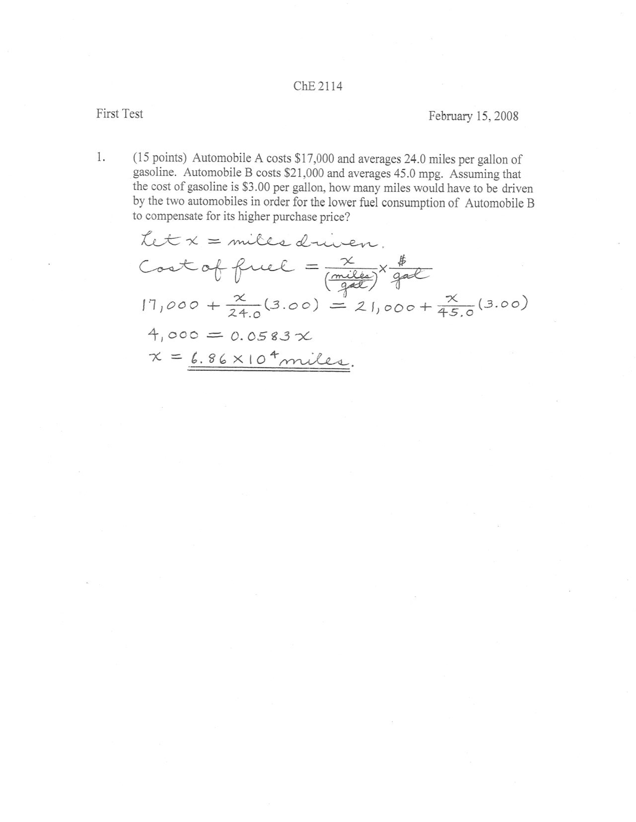 Test 1 With Questions And Answers Mass And Energy Balances Che 2114