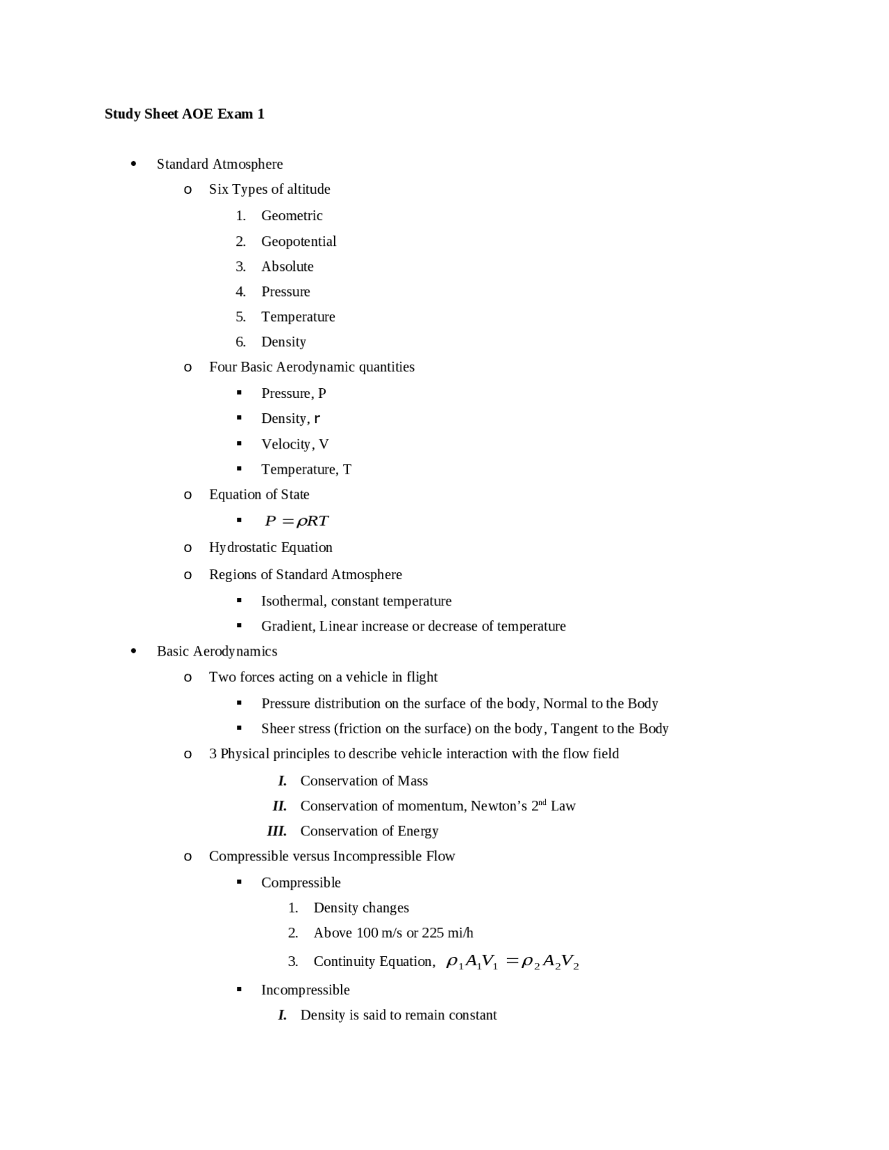 Study Sheet for Exam - Introduction to Aerospace Engineering | AOE 2104 ...