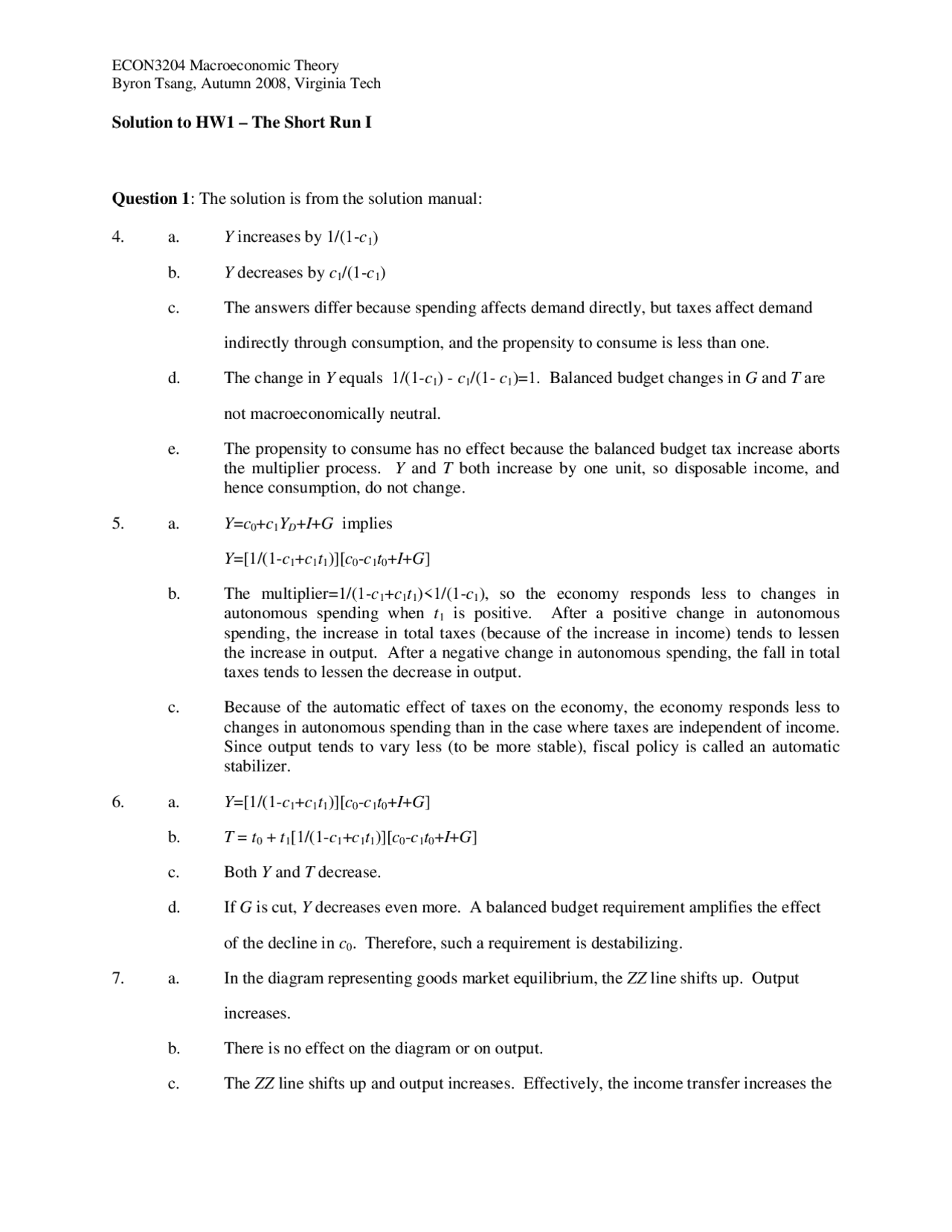 The Short Run Homework Solution Macroeconomic Theory Econ 3204