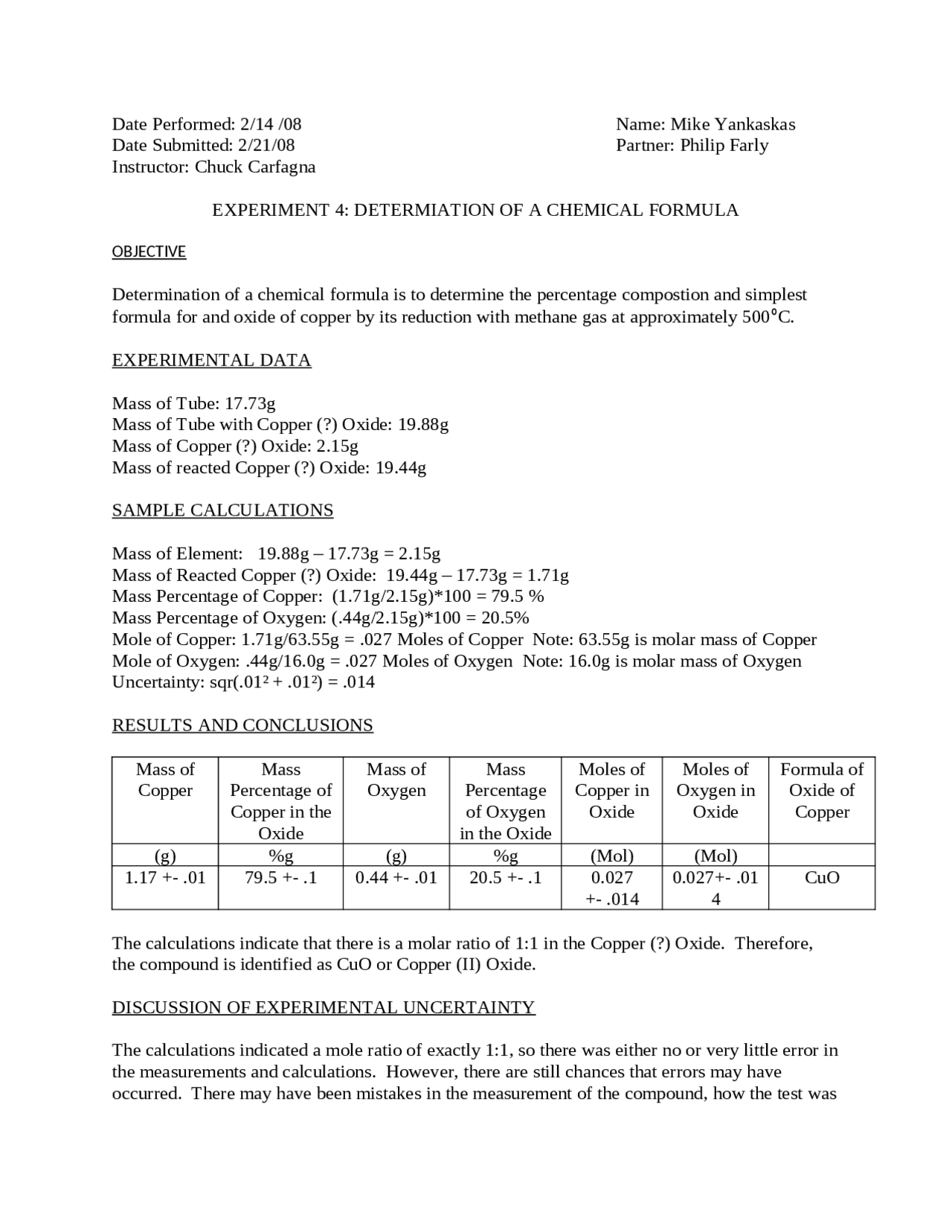 Determination of a Chemical Formula – Lab Report – Solved Questions ...