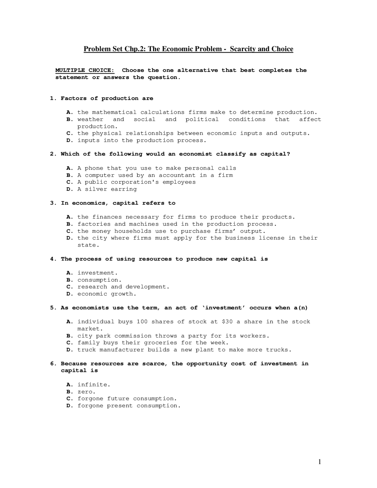 Problem Set 1 Economics Problems Econ 2005 Docsity