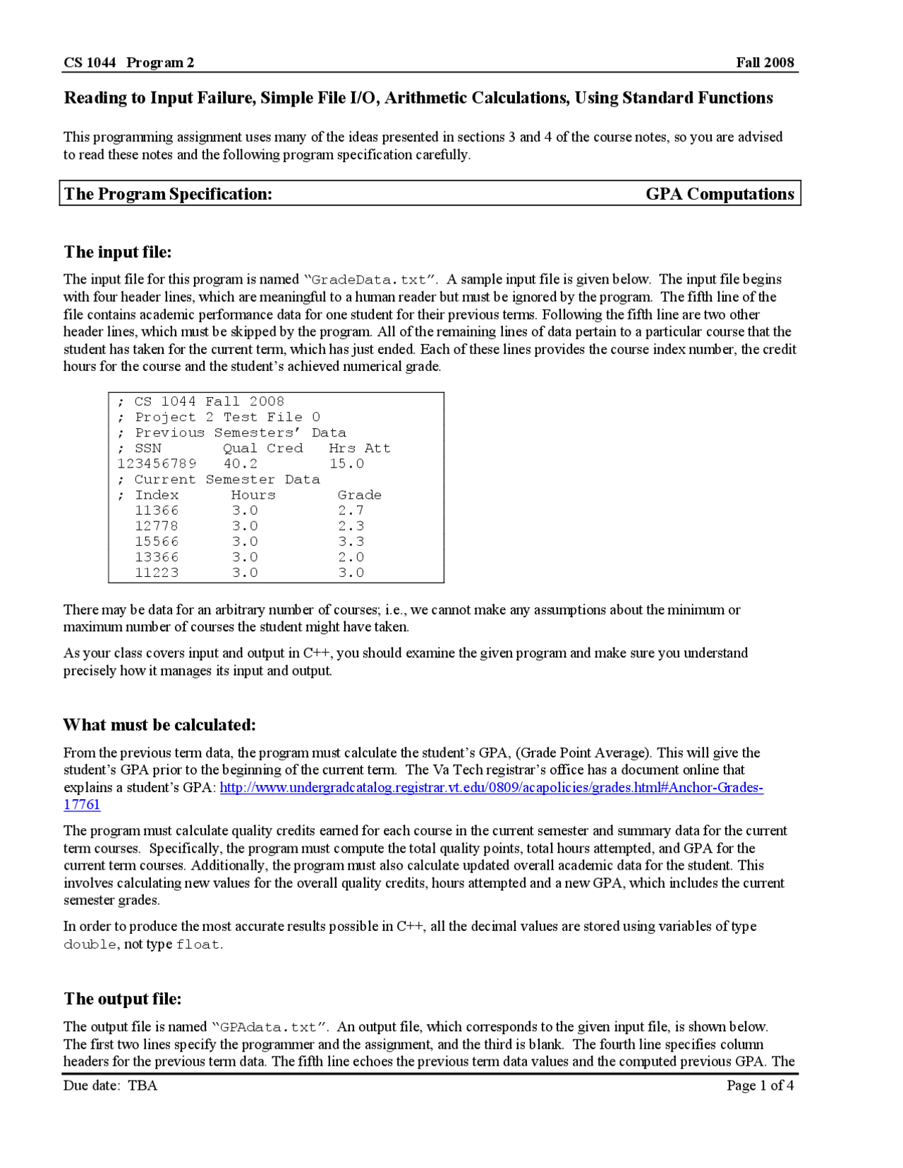 CS 1044 Project 2: GPA Computation | Study Guides, Projects, Research Computer Science | Docsity