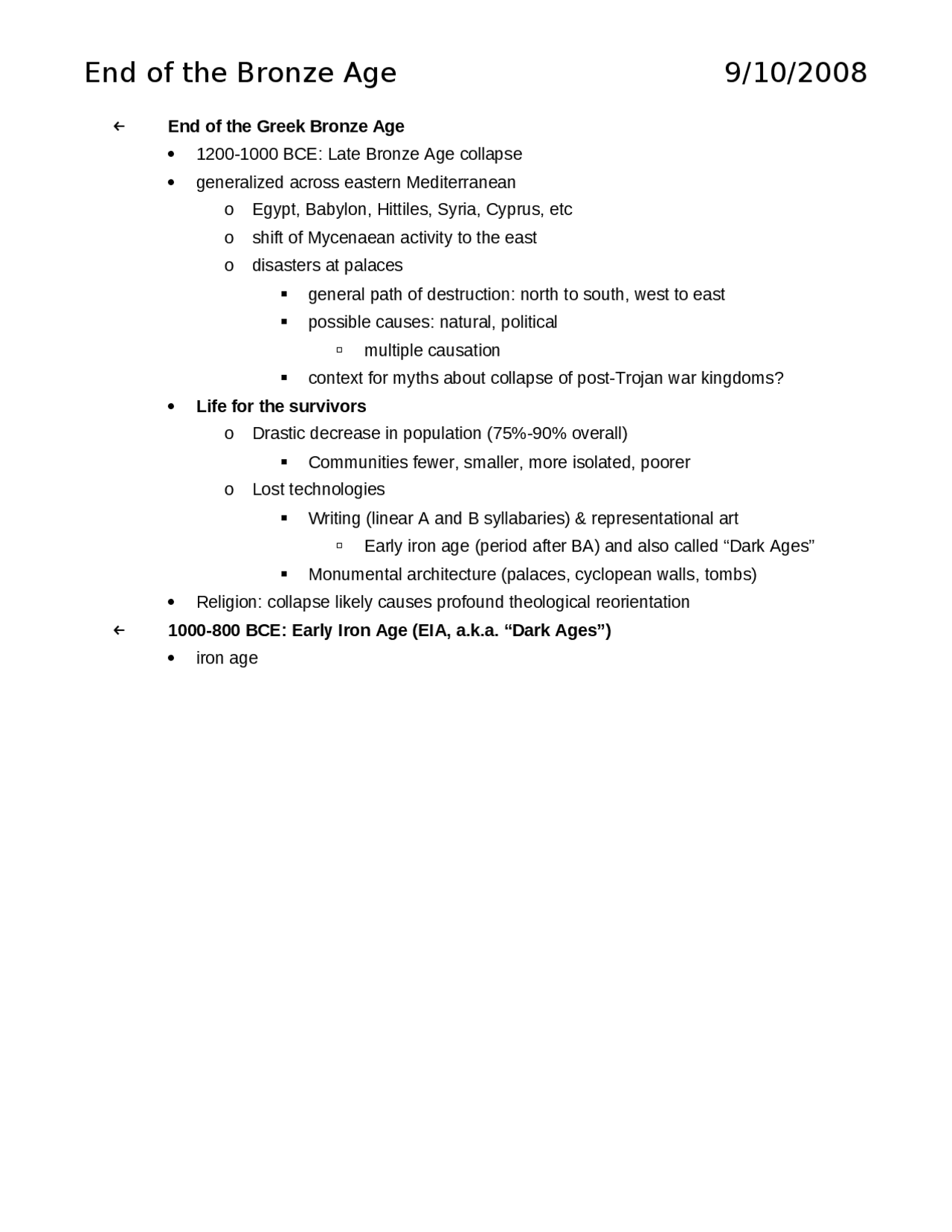 End of The Bronze Age - Outline | CLT 3371 - Docsity