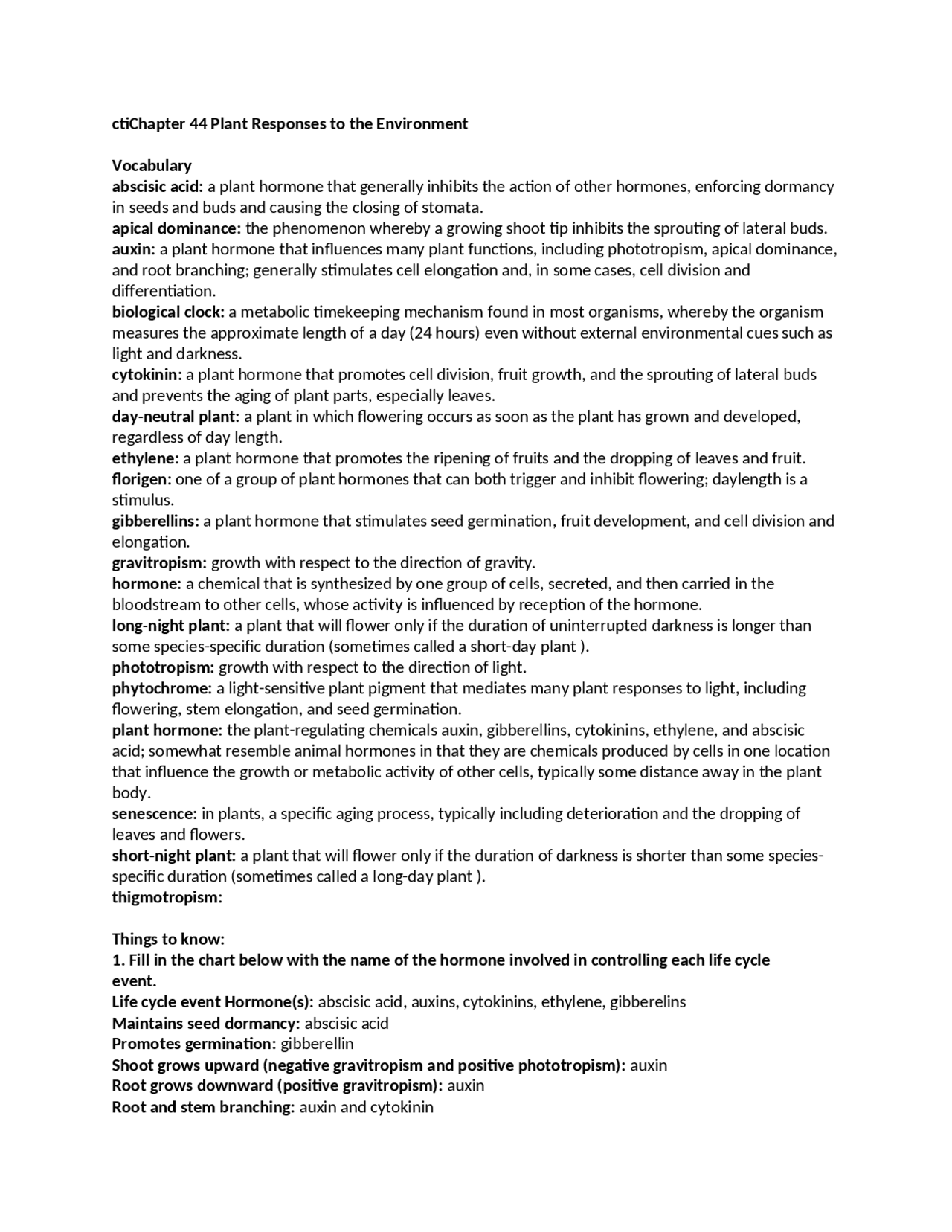 Plant Responses to the Environment - Vocabulary | BIOL 1006 - Docsity