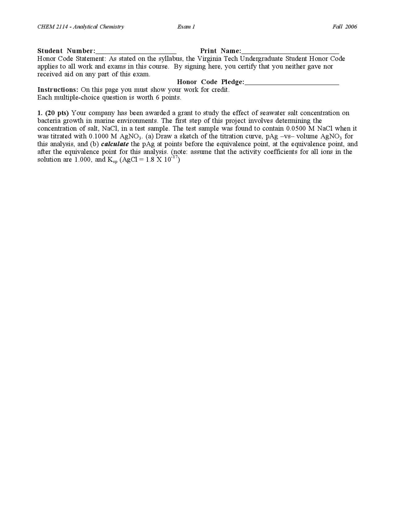 Majors Analytical Chemistry Exam Questions Chem 2154 Docsity