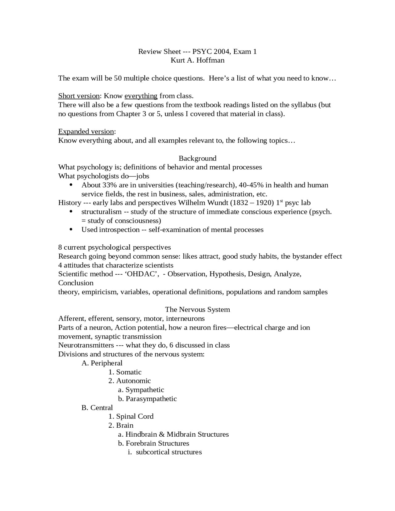 Review Sheet For Exam 1 Introductory Psychology Psyc 2004 Docsity
