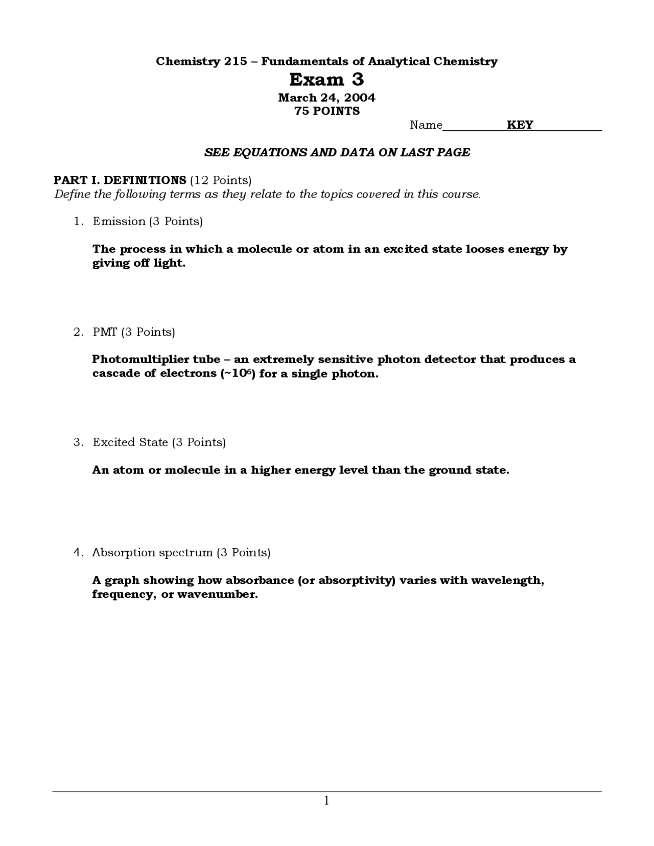 Exam 3 With Answer Key Fundamentals Of Analytical Chemistry Che 215