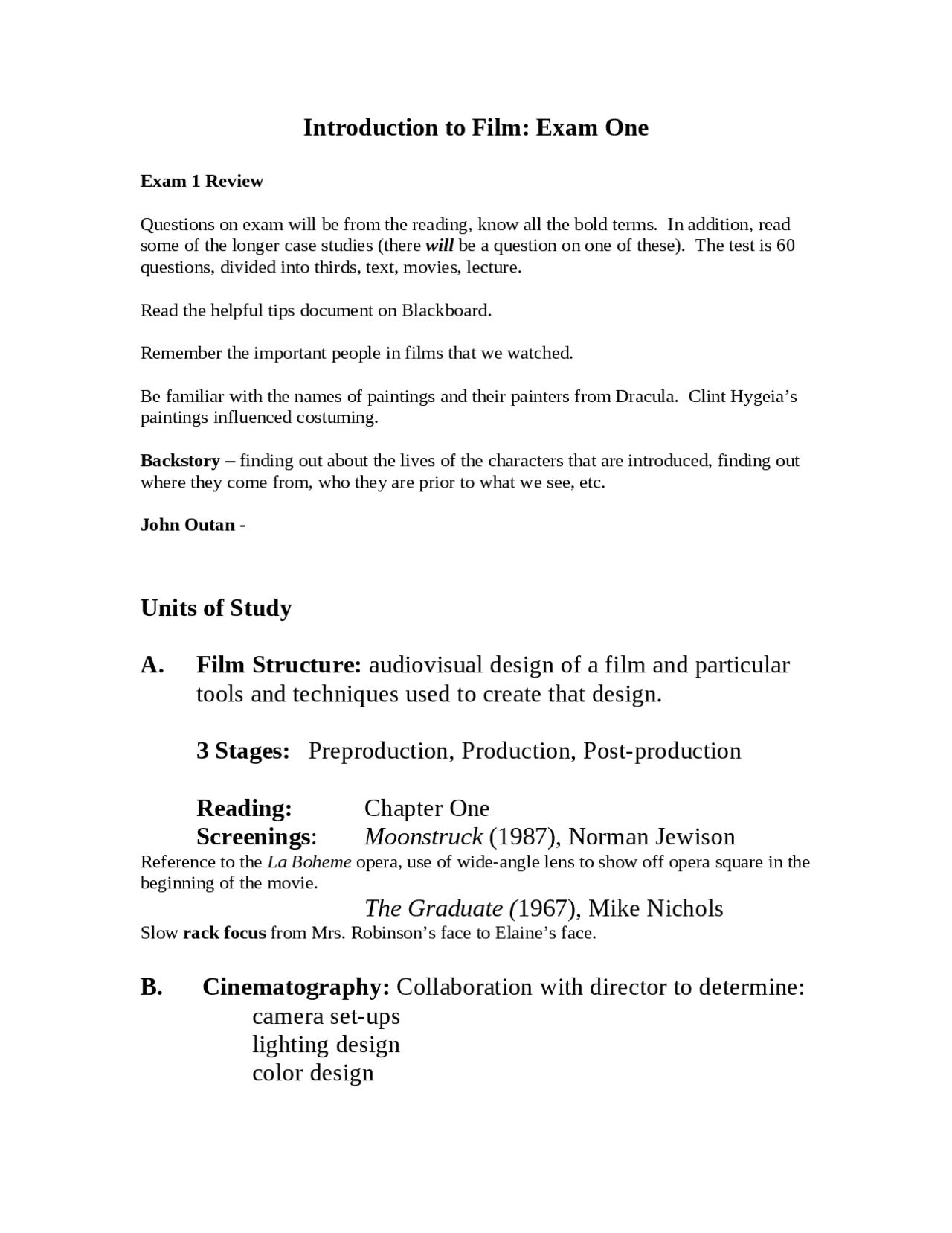 Review For Exam 1 Introduction To Film Comm 2054 Docsity