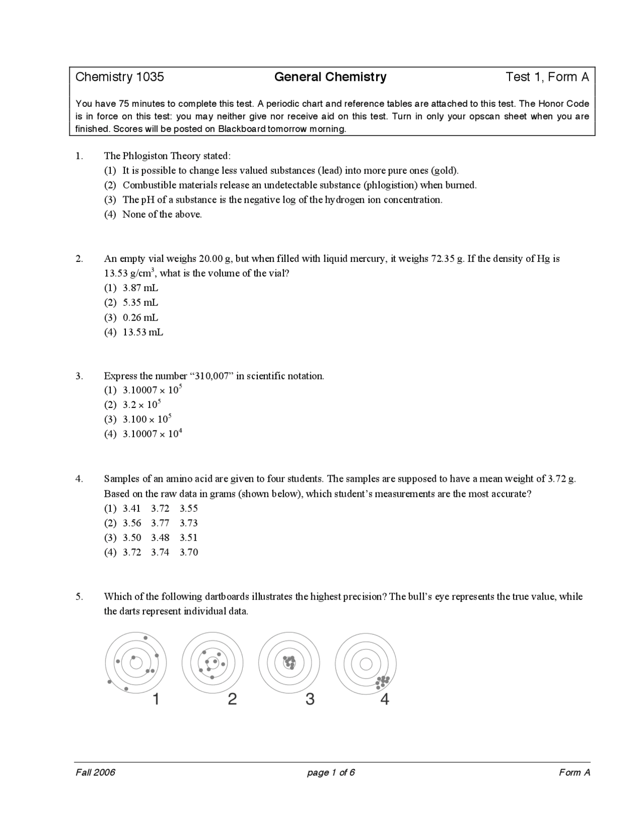 General Chemistry Test1 Form A Fall 2006 - MCQs | CHEM 1035 - Docsity