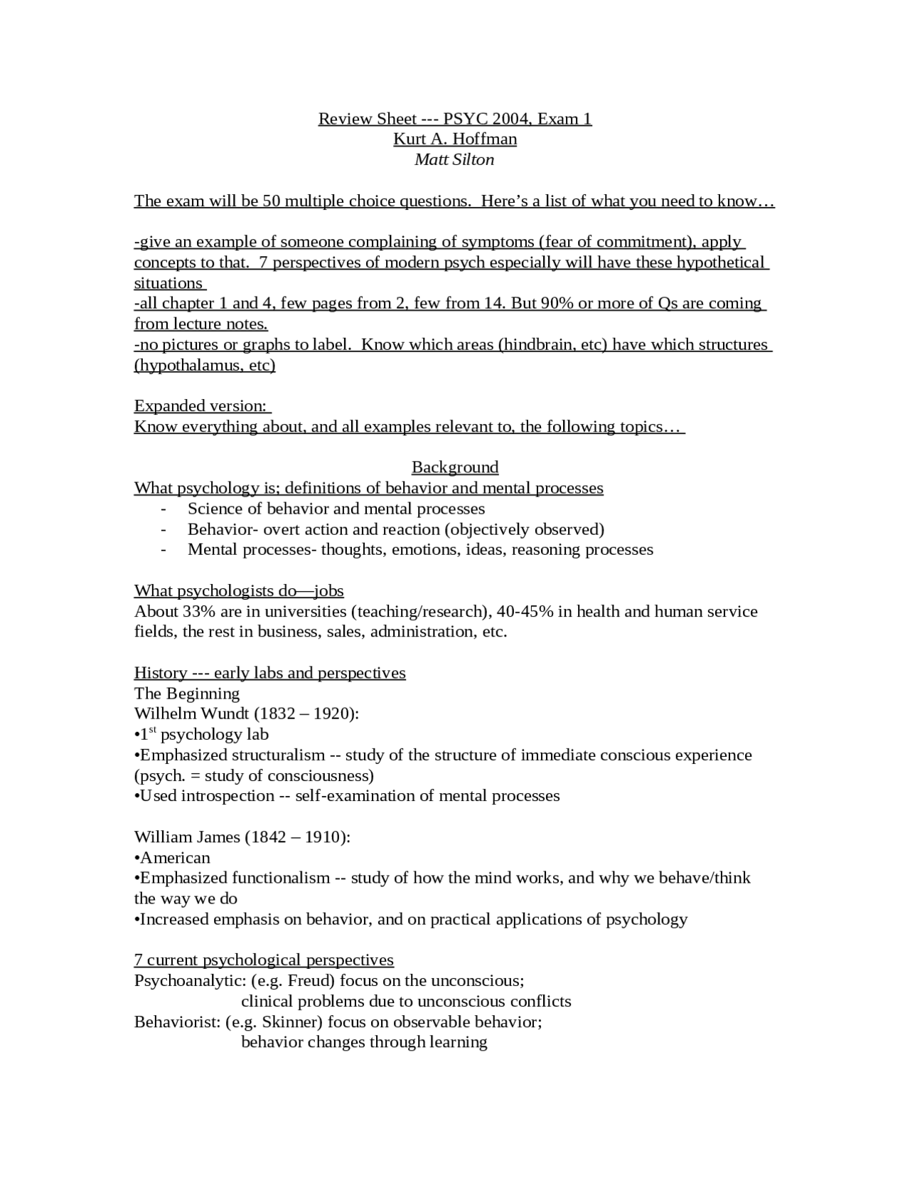 Introductory Psychology Review Sheet For Exam 1 Psyc 2004 Docsity