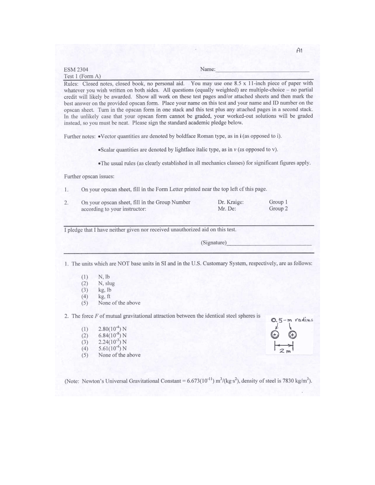 Test 1 Sample Questions - Dynamics | ESM 2304 - Docsity