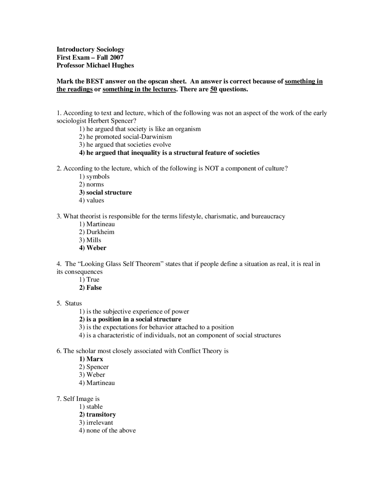 First Exam With Answers For Introductory Sociology Soc 1004 Docsity
