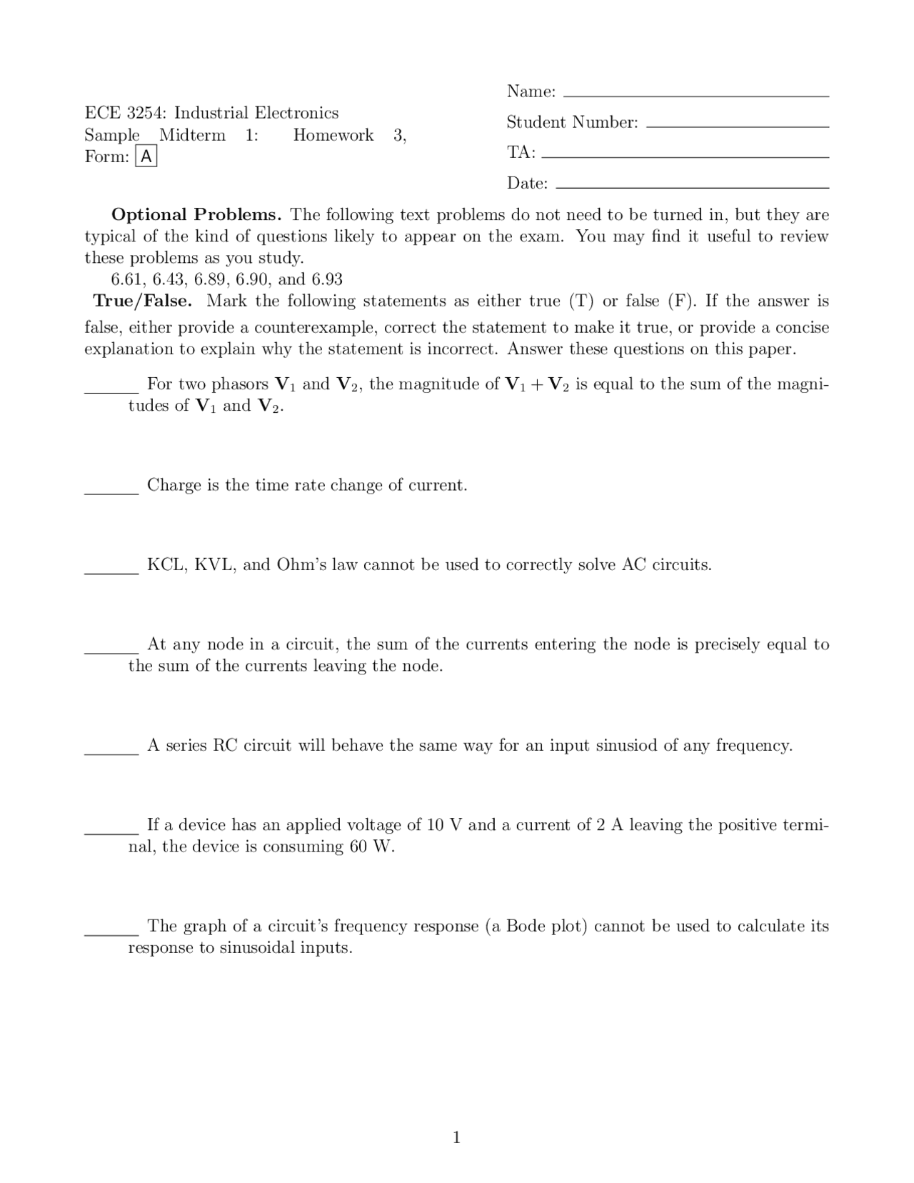 Sample Midterm 1a Industrial Electronics Ece 3254 Docsity