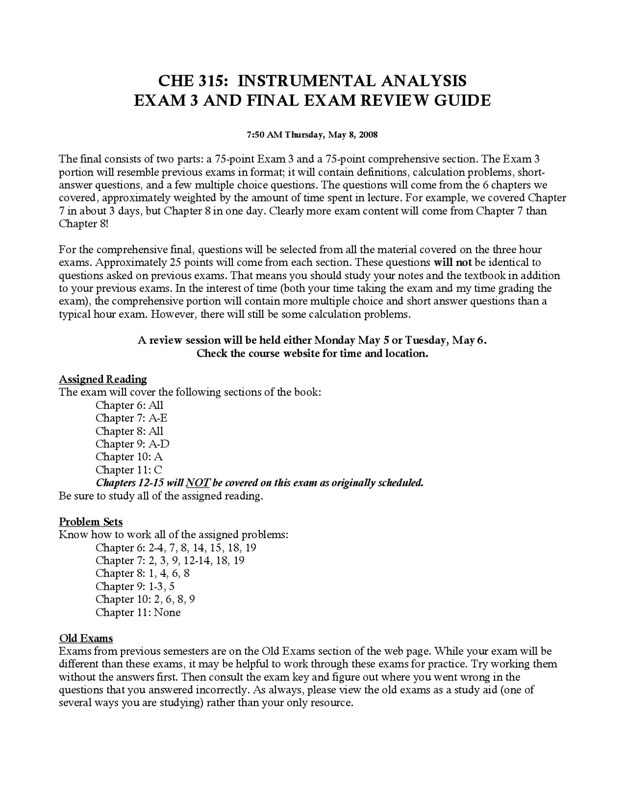 Introduction To The Instrumental Analysis Review Sheet Che 31500