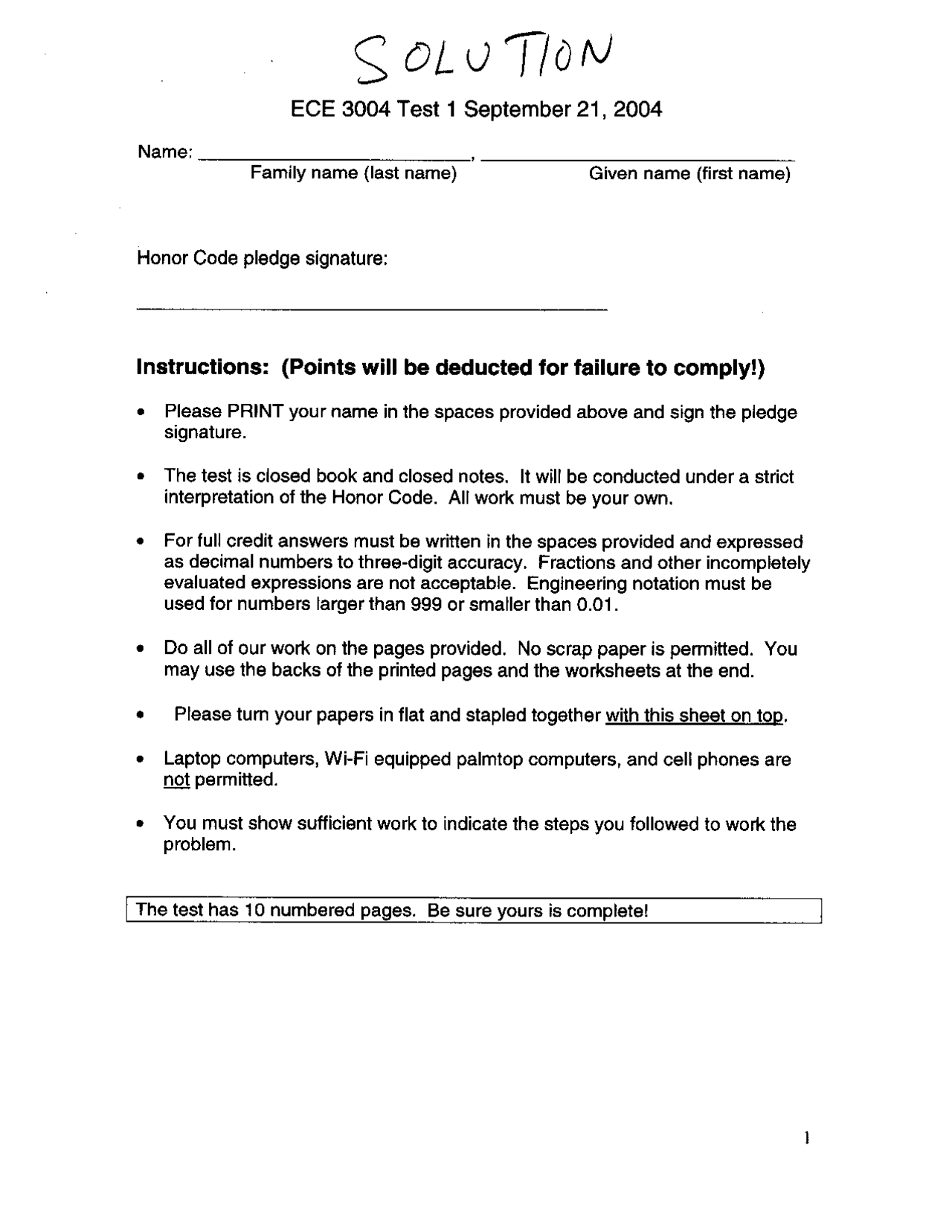 Exam To Review With Solution Ac Circuit Analysis Ece 3004 Docsity
