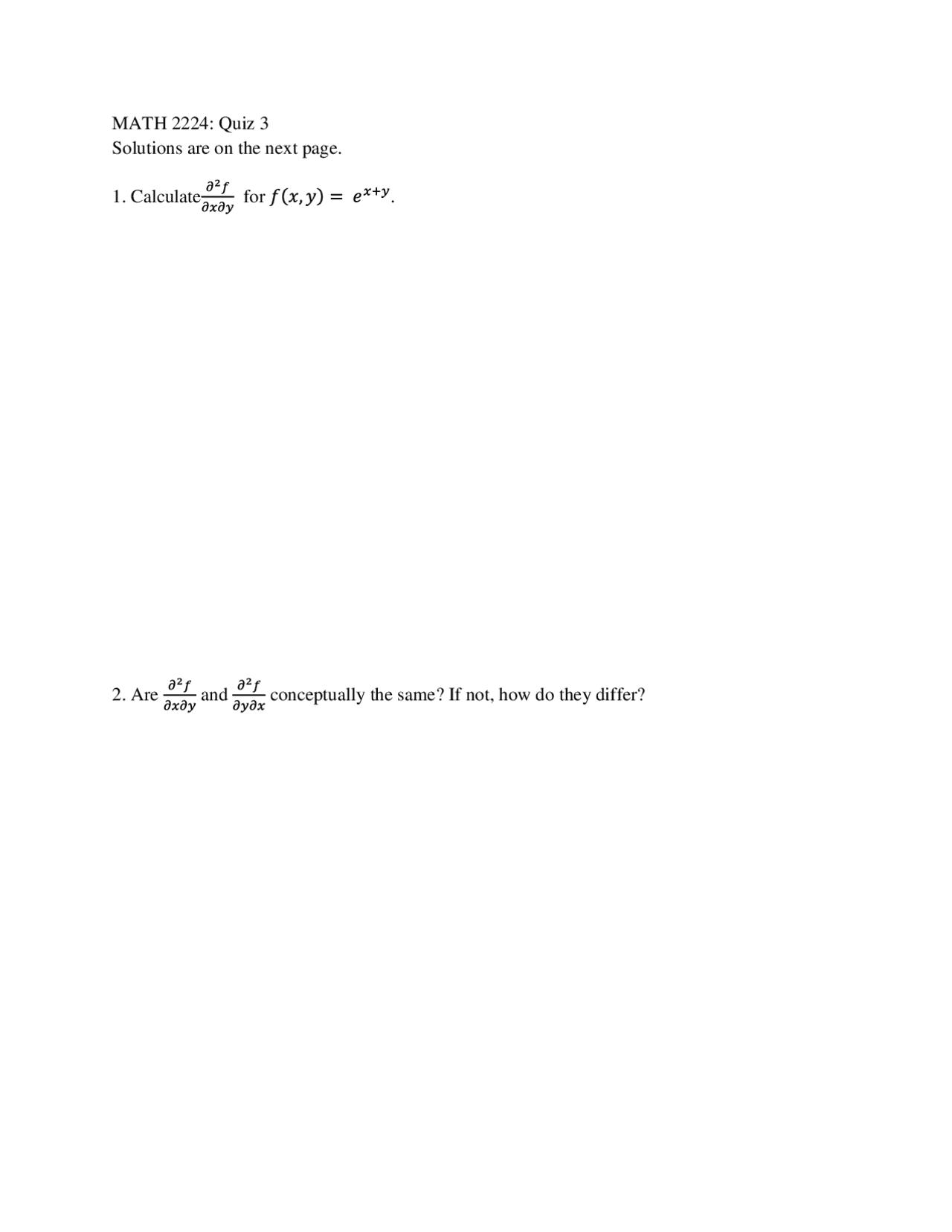 Multivariable Calculus Solutions To Quiz 3 Math 2224 Docsity