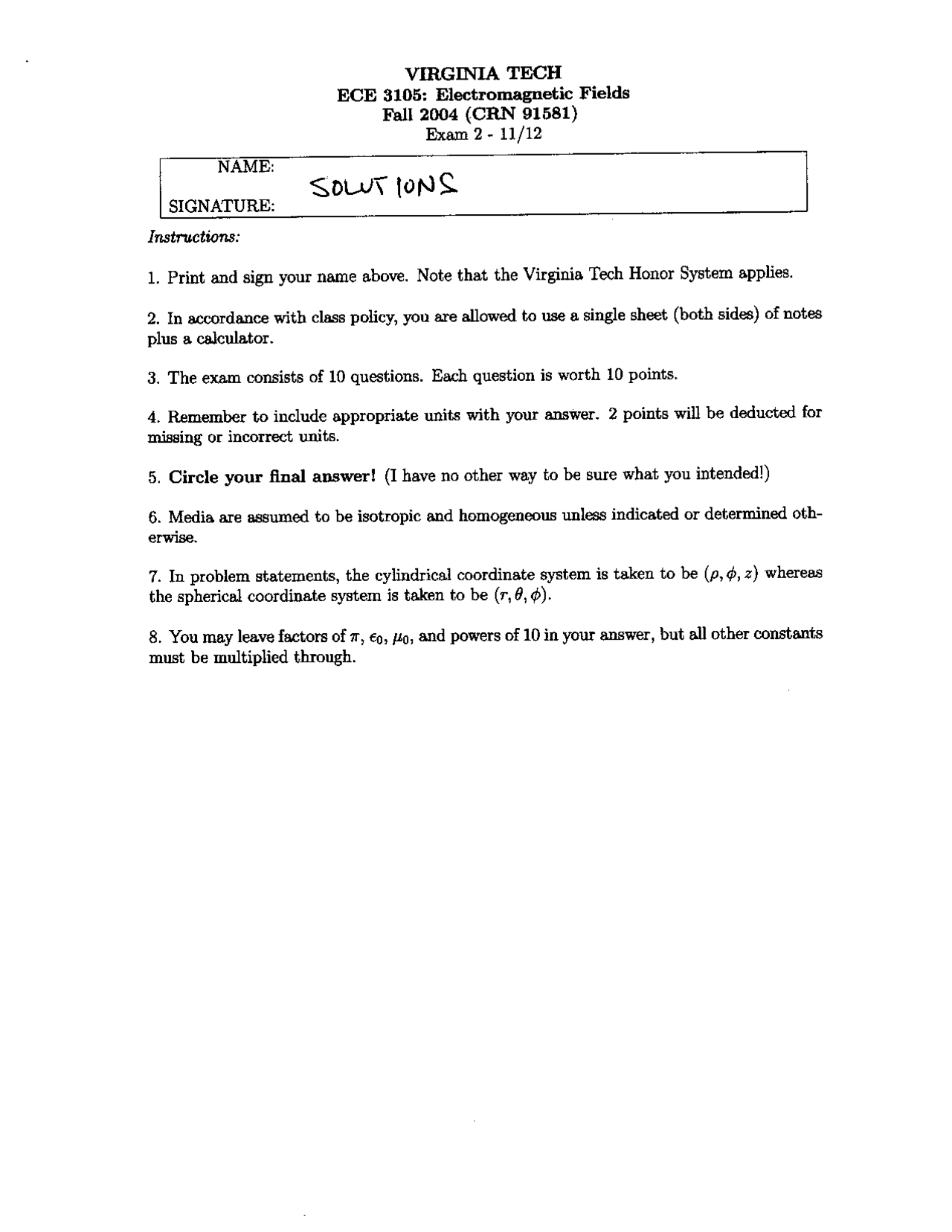 Quiz With Solution On Electromagnetic Fields Ece 3105 Docsity