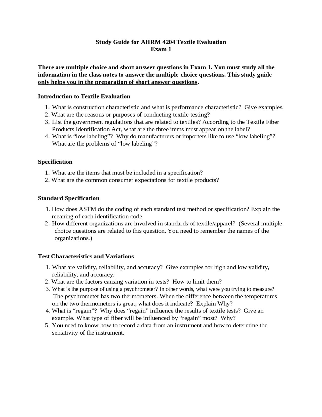 4 Questions on Introduction to Textile Evaluation - Study Guide 1 ...
