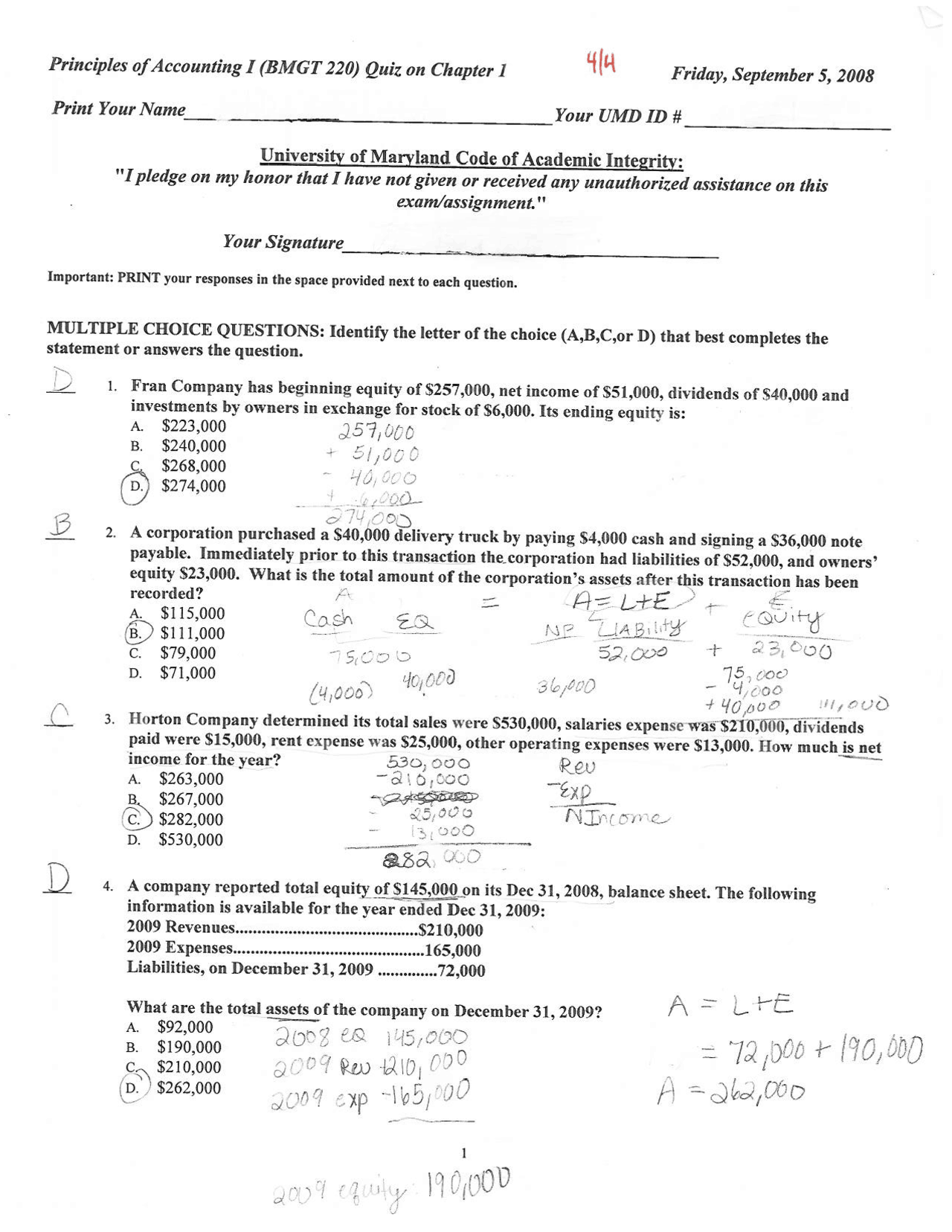 4 Correct Mcqs For Quiz 1 Principles Of Accounting I Bmgt 220 Docsity