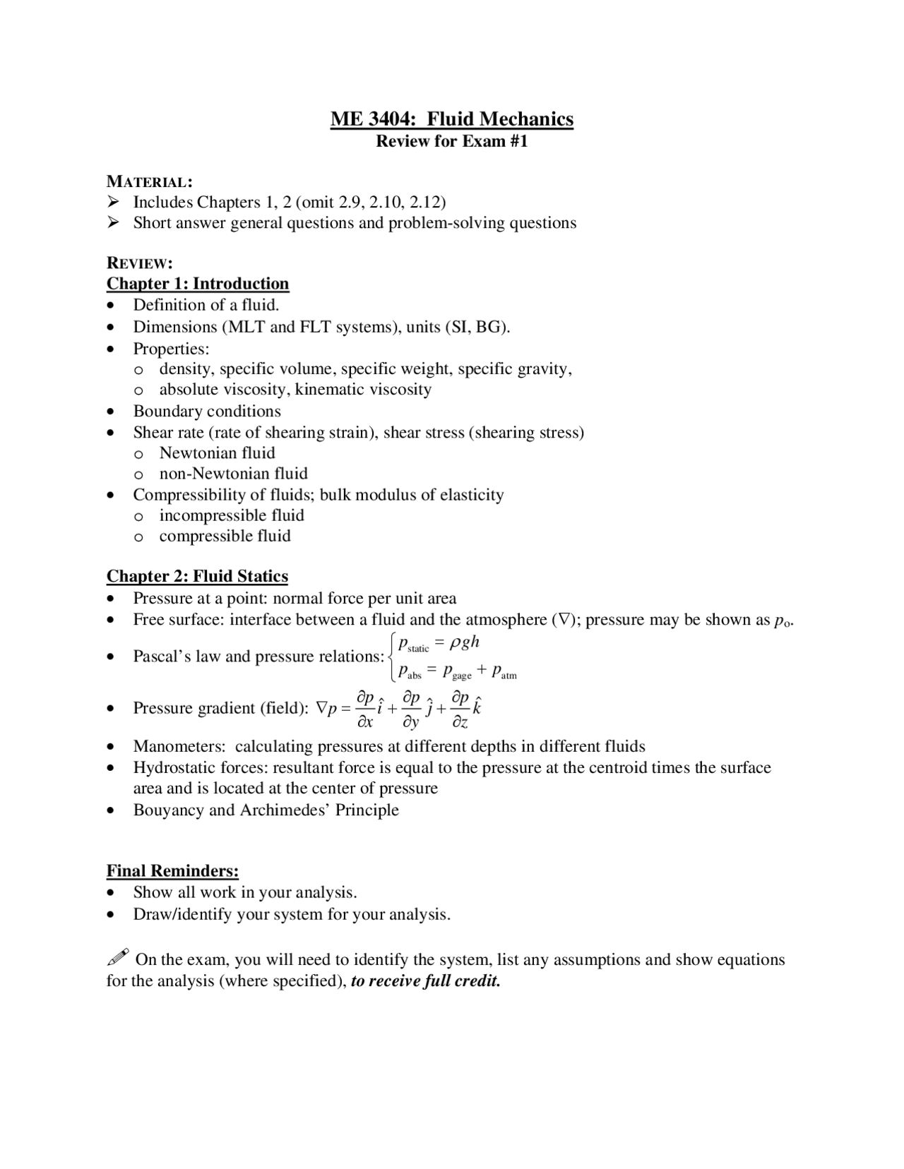 Fluid Mechanics: Statics and Dynamics - Review Sheet | ME 3404 | Study ...