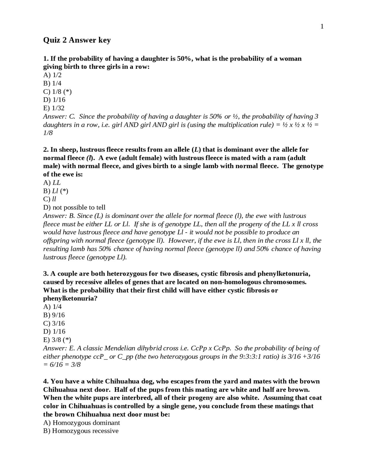 Probability, Genotype - Quiz 2 Answer Key | Genetics | BIOL 2004 ...
