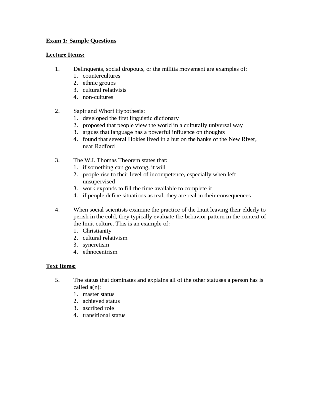 Introductory Sociology Study Guide Exam 1 | SOC 1004 - Docsity