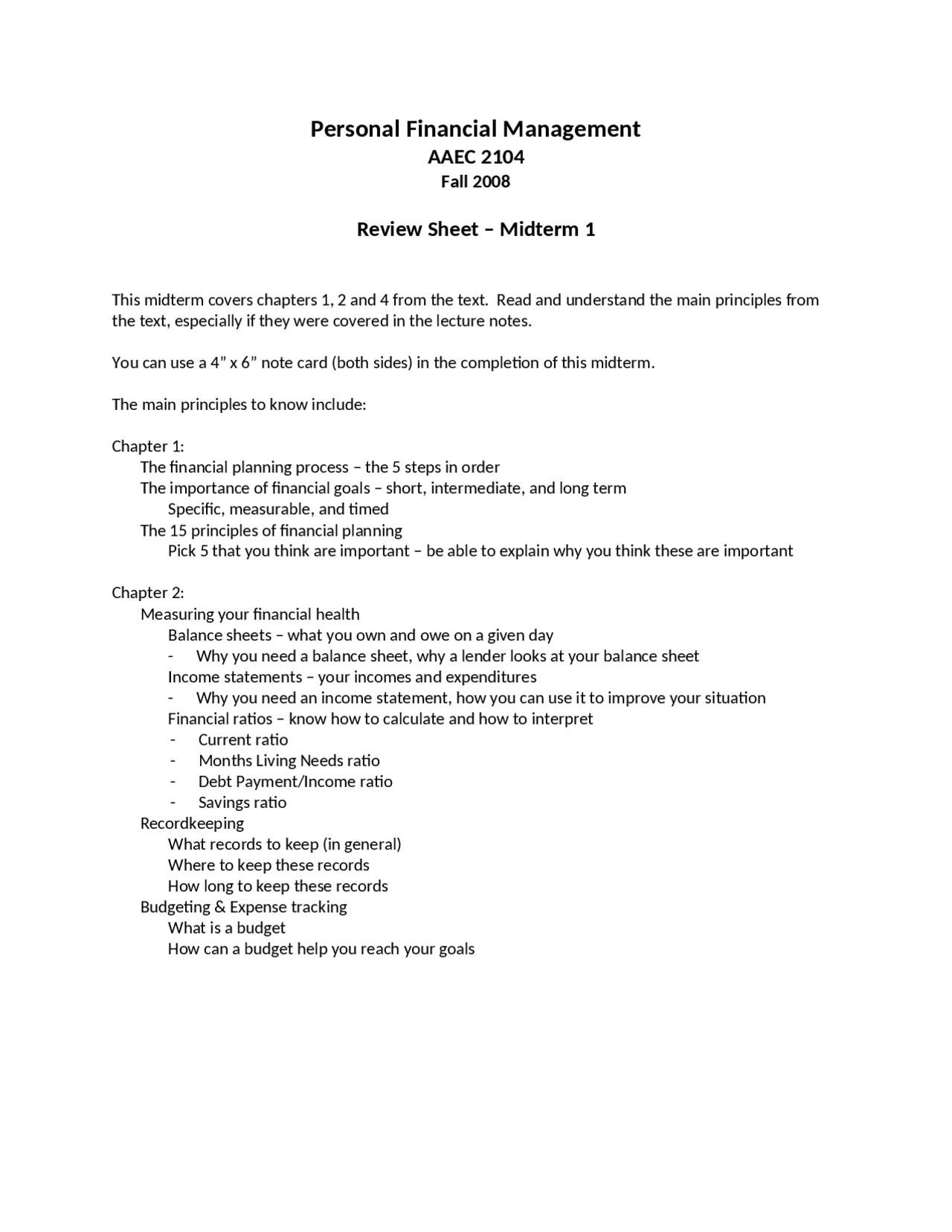 Review Sheet Midterm 1 Personal Financial Planning Aaec 2104 Docsity