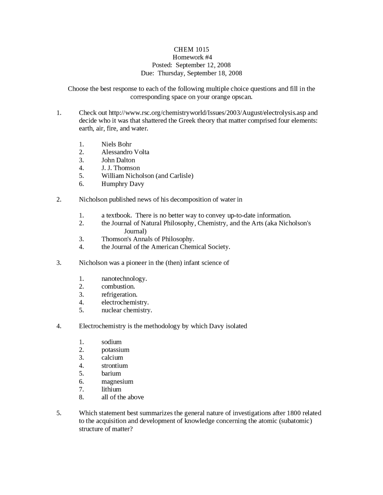 24 Multiple Choice Question Introduction To Chemistry Chem 1015