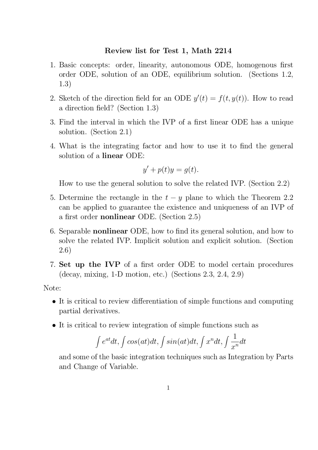 Review For Test 1 Introduction To Differential Equations Math 2214 Docsity