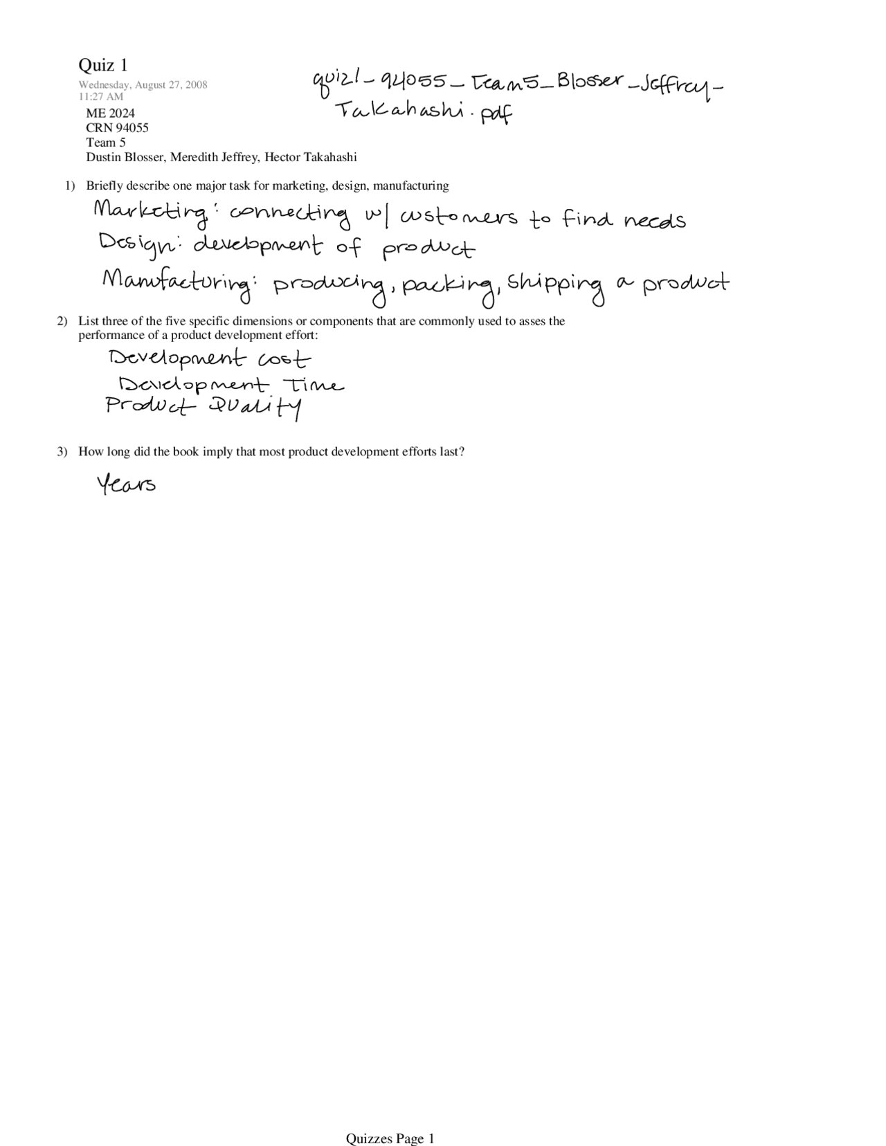 Quiz 1 With Solution Engineering Design And Economics Me 2024