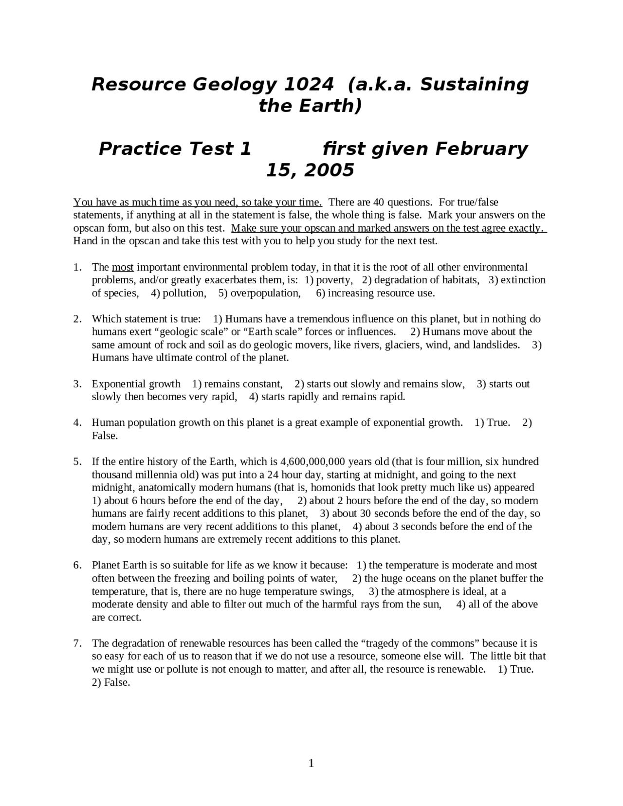 Practice Test 1 Resources Geology 2005 Geos 1024 Docsity