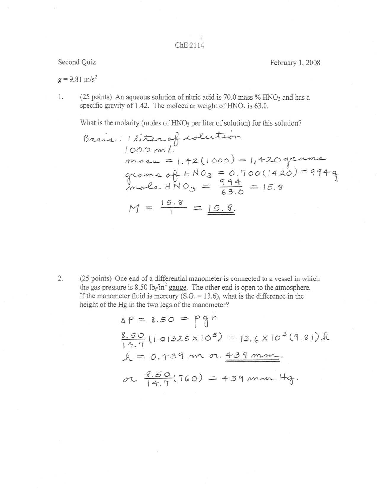 Second Exam With Answers For Mass And Energy Balances Che 2114 Docsity