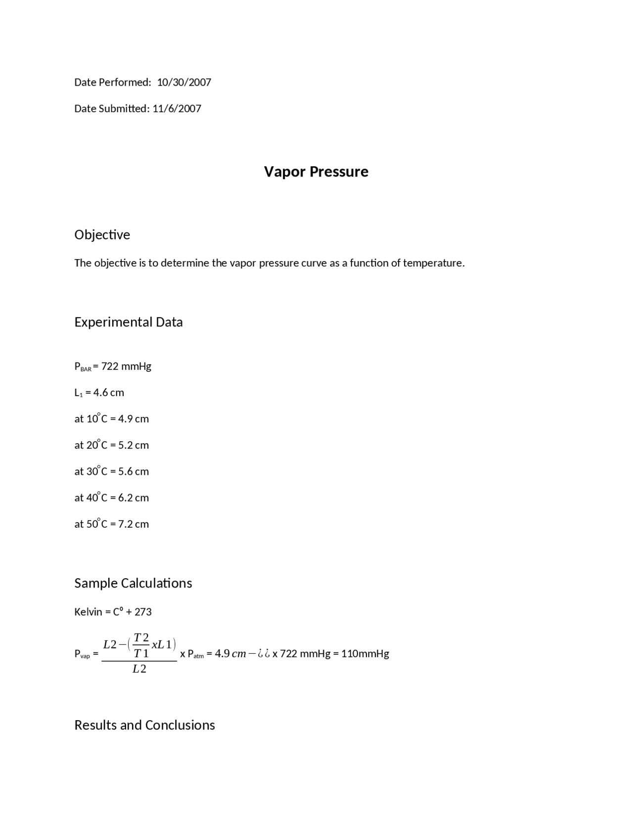 Vapor Pressure Experiment - General Chemistry Lab | CHEM 1045 - Docsity