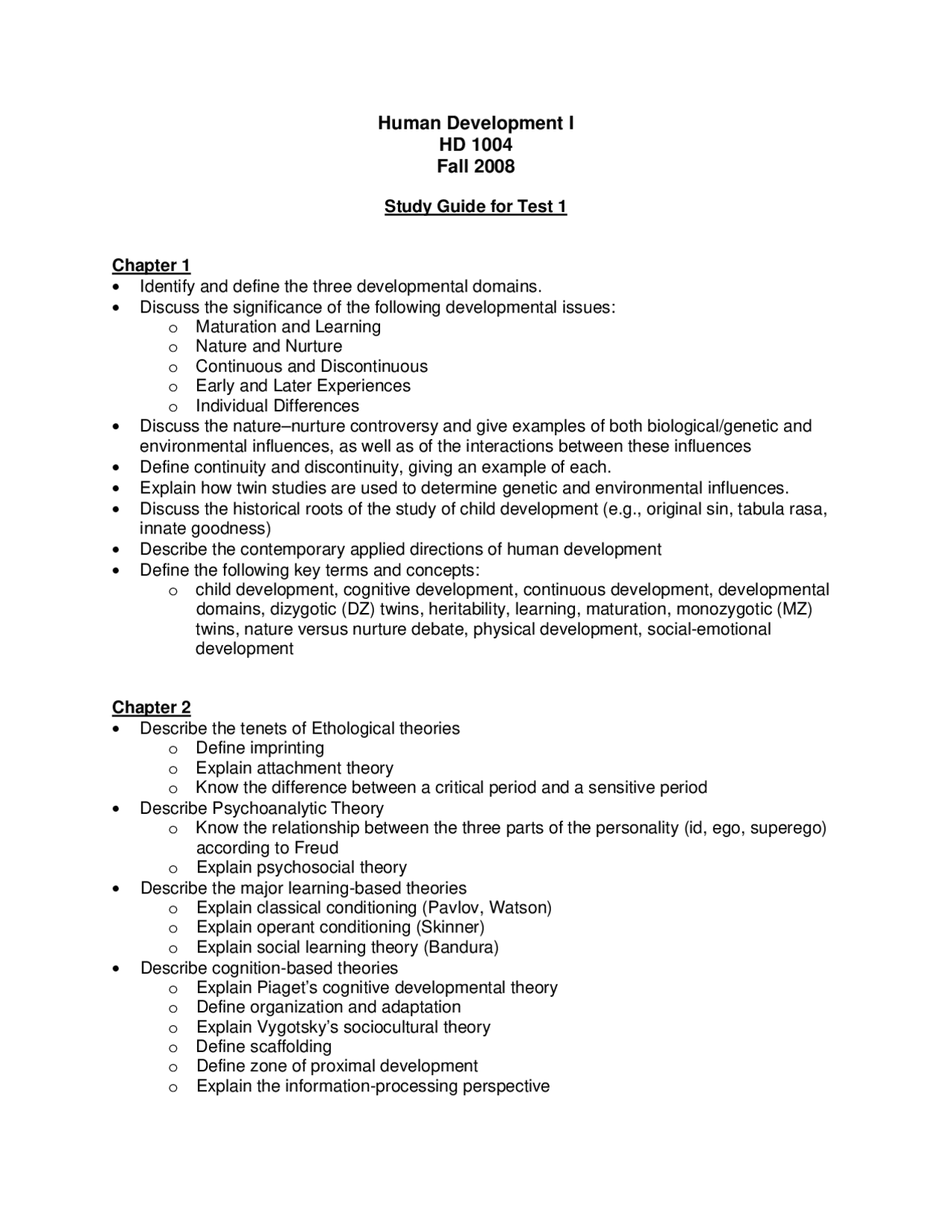 Introduction to Human Development I - Study Guide | HD 1004 - Docsity