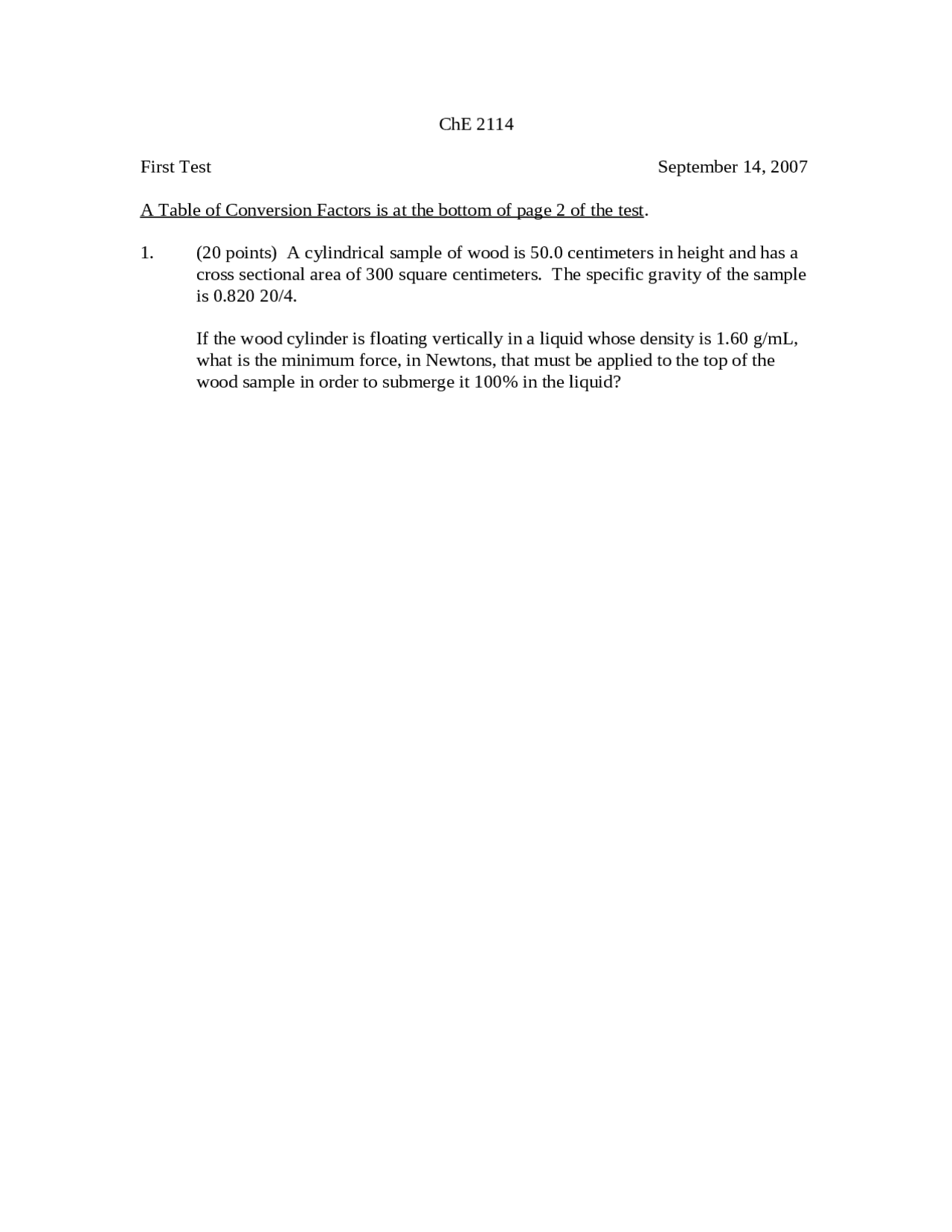 Exam 1 Questions Mass And Energy Balances Che 2114 Docsity