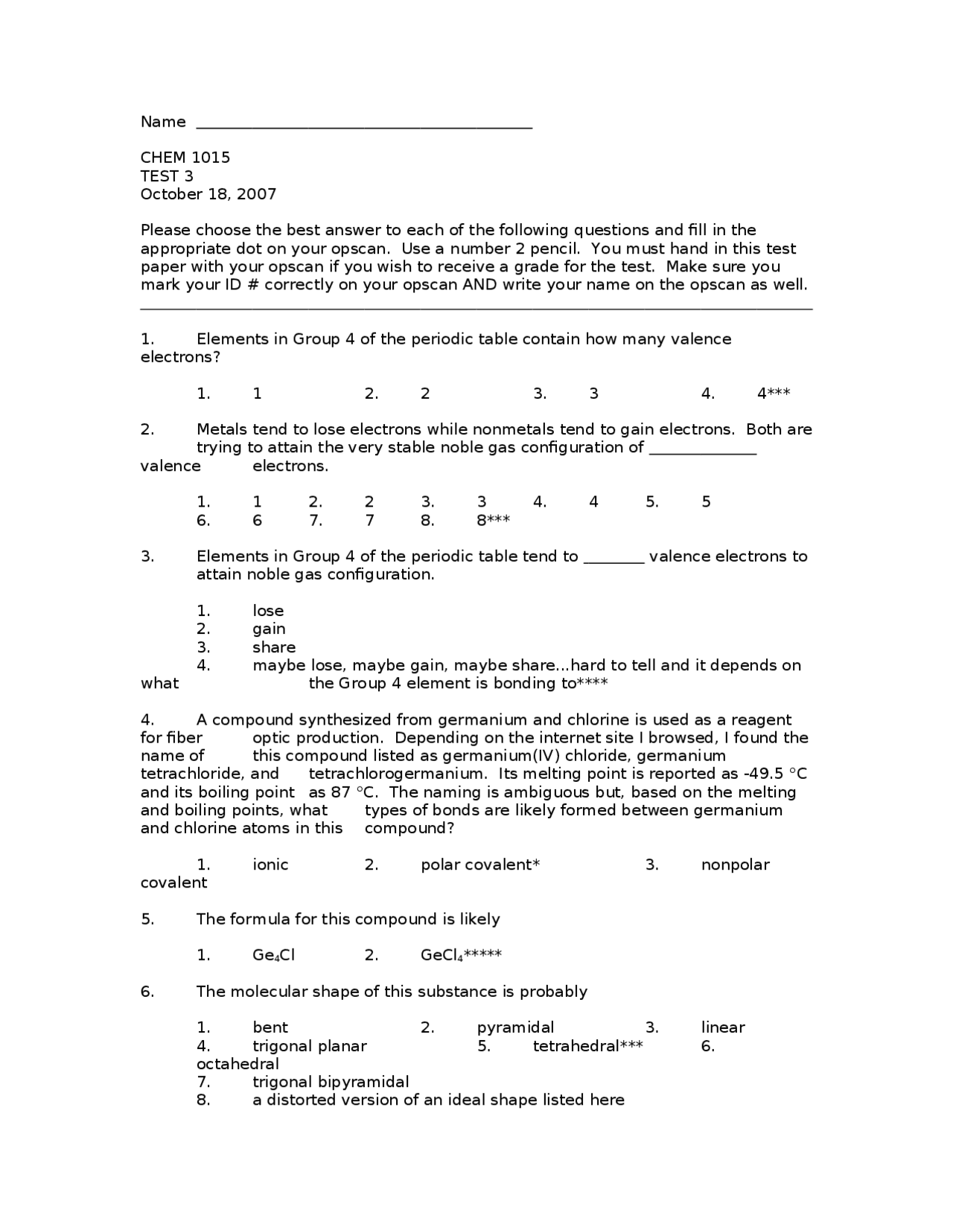 Introduction to Chemistry - Test 3 Solved - Fall 2007 | CHEM 1015 - Docsity