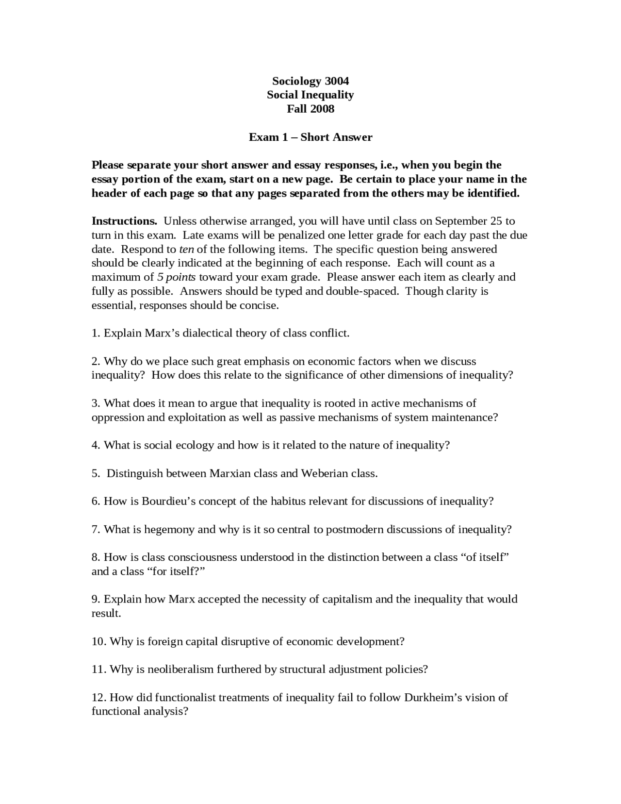 Questions For Exam 1 Social Inequality Fall 2008 Soc 3004 Docsity