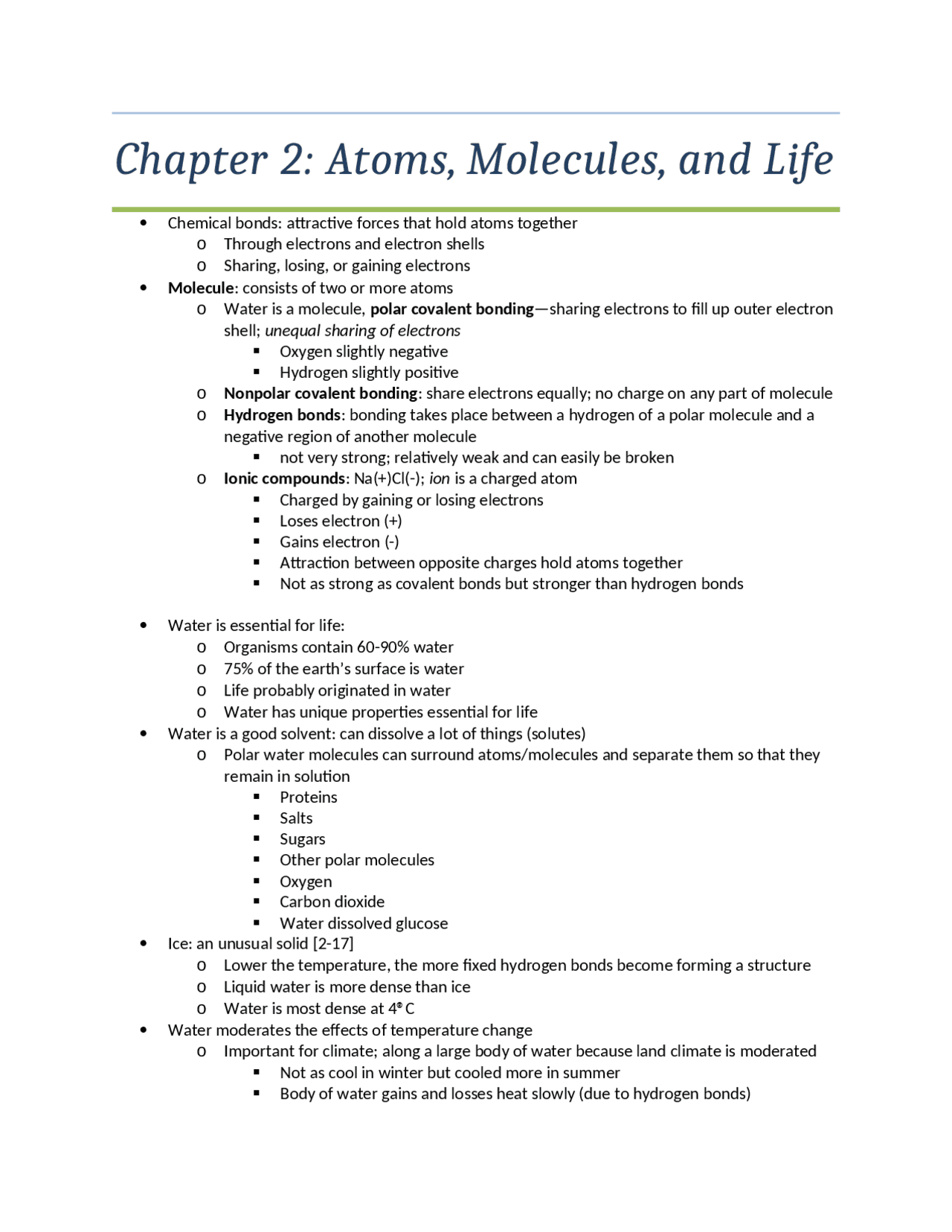 Atoms, Molecules and Life - General Biology - Study Guide | BIOL 1005 ...