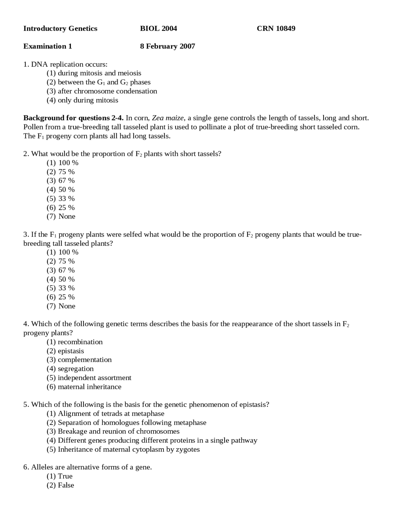 Examination 1 Introduction To Genetics Biol 2004 Docsity