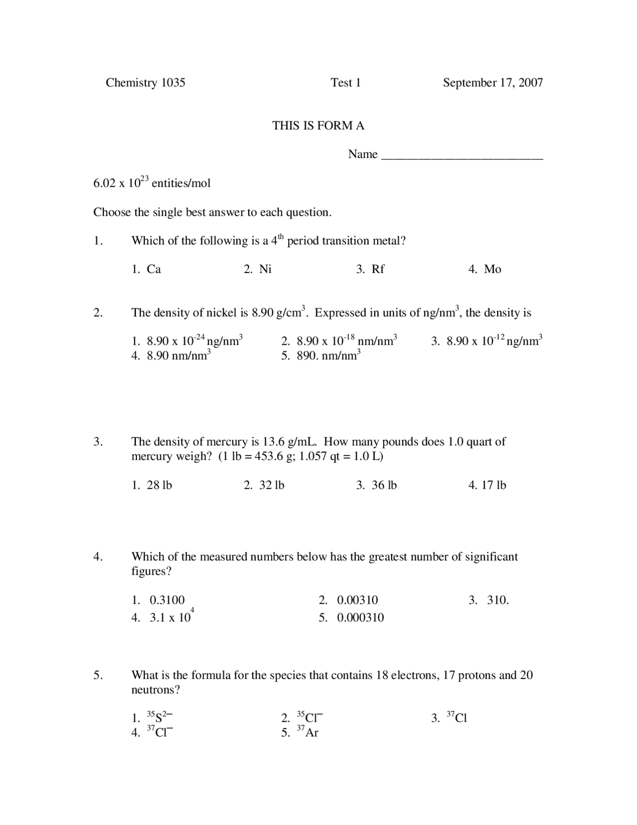 Test 1 Questions On General Chemistry With Answer Key Chem 1035 Docsity