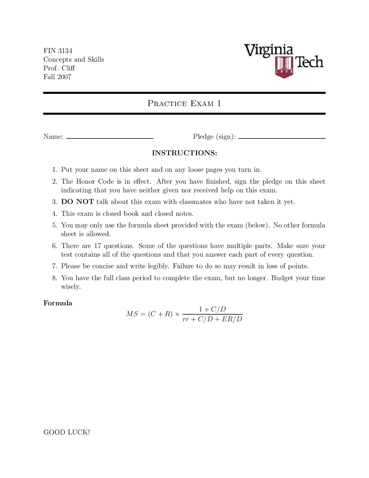 Practice Exam 1 Concept And Skill Fall 2007 Bchm 5004 Docsity