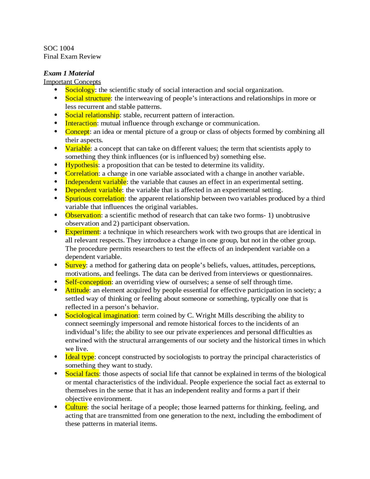 Introductory Sociology Final Exam Review Soc 1004 Docsity