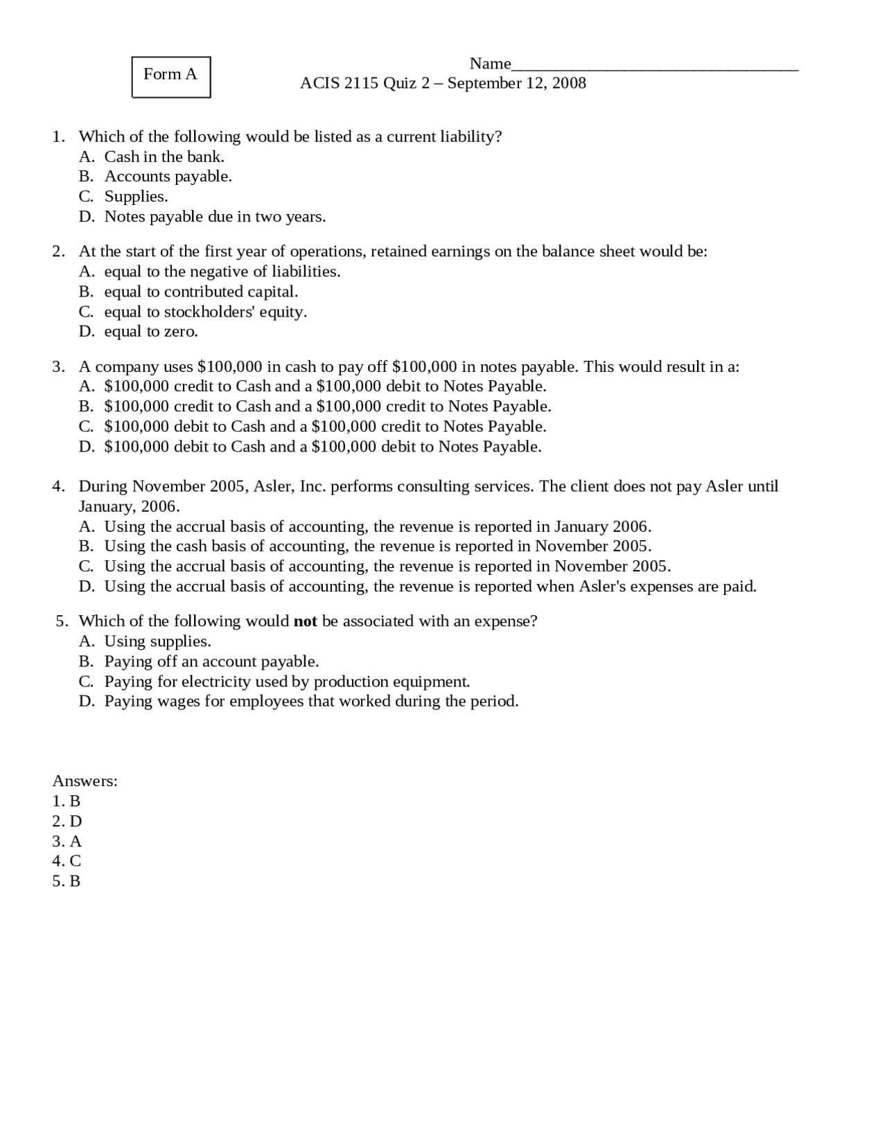 Principles Of Accounting Quiz Solved Acis 2115 Docsity