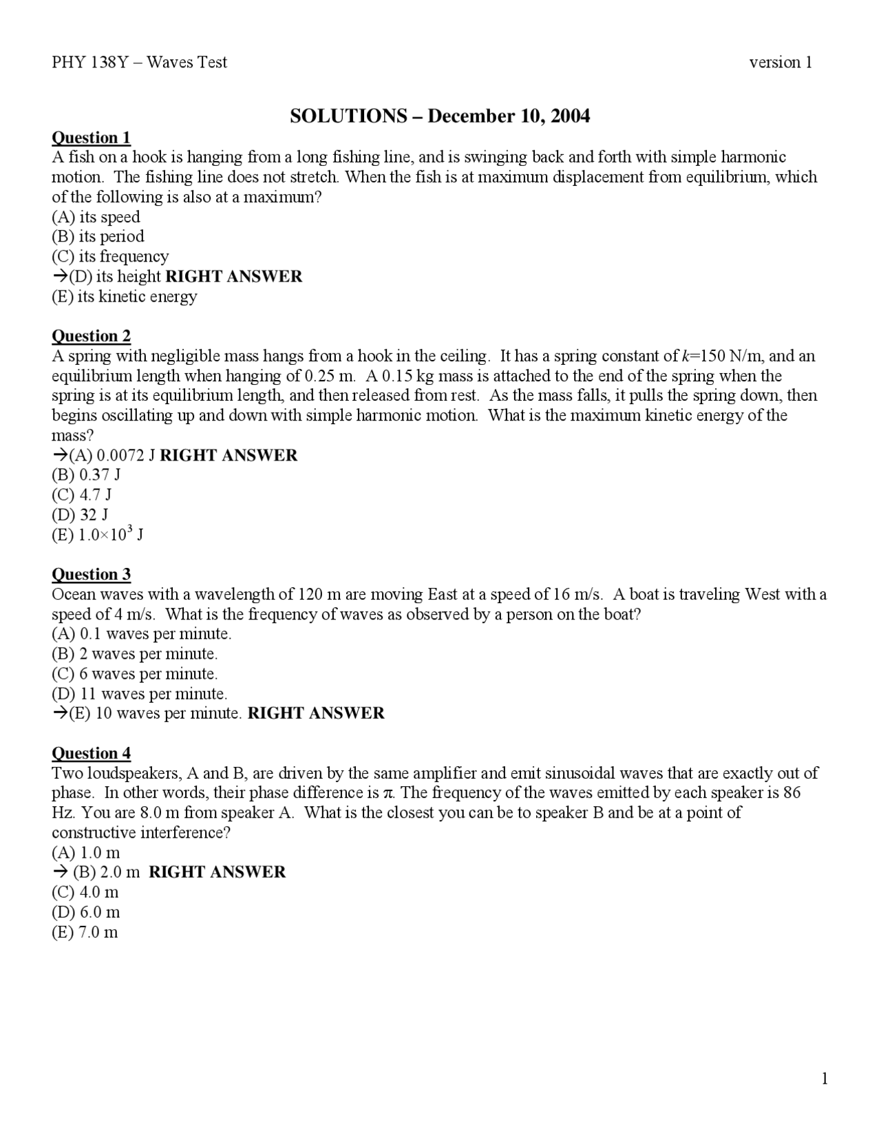 Foundations Of Physics I Solutions For Exam Phys 2306 Docsity
