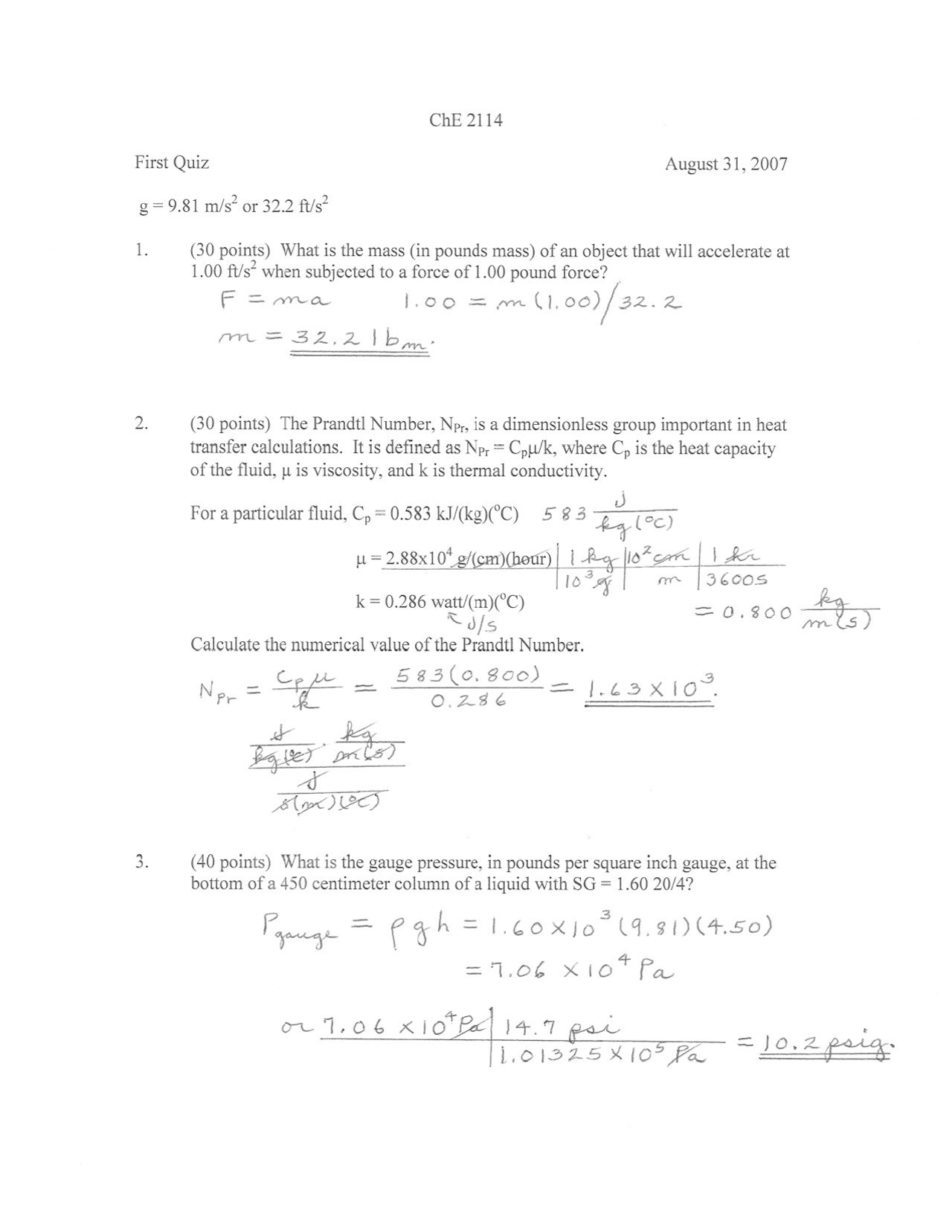 First Quiz With Resolution Mass And Energy Balances Che 2114 Docsity