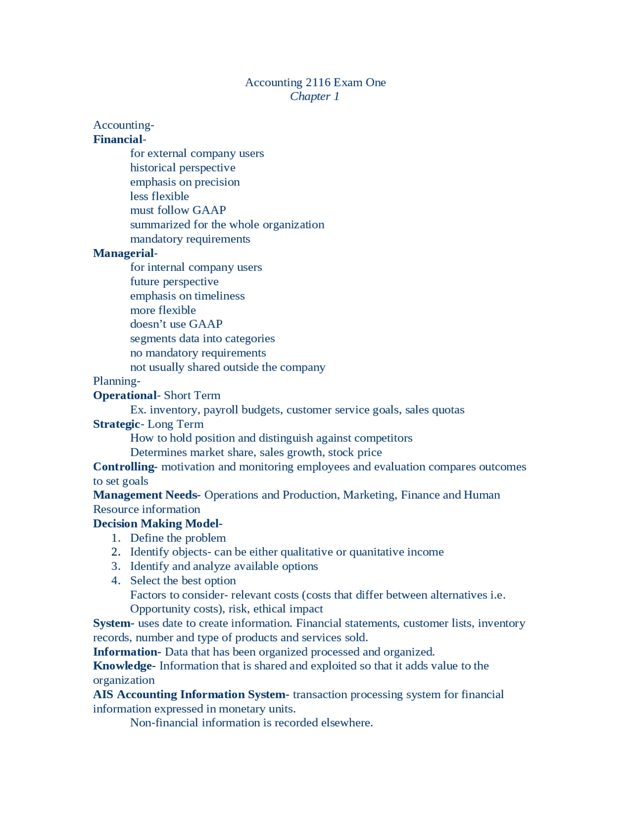 Exam 1 Notes Principles Of Accounting Acis 2116 Docsity