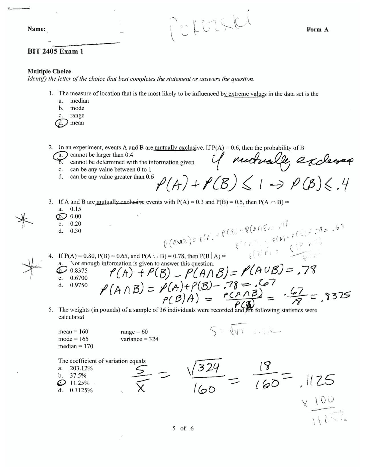 Exam 1 Solved Questions - Quantitative Methods | BIT 2405 - Docsity