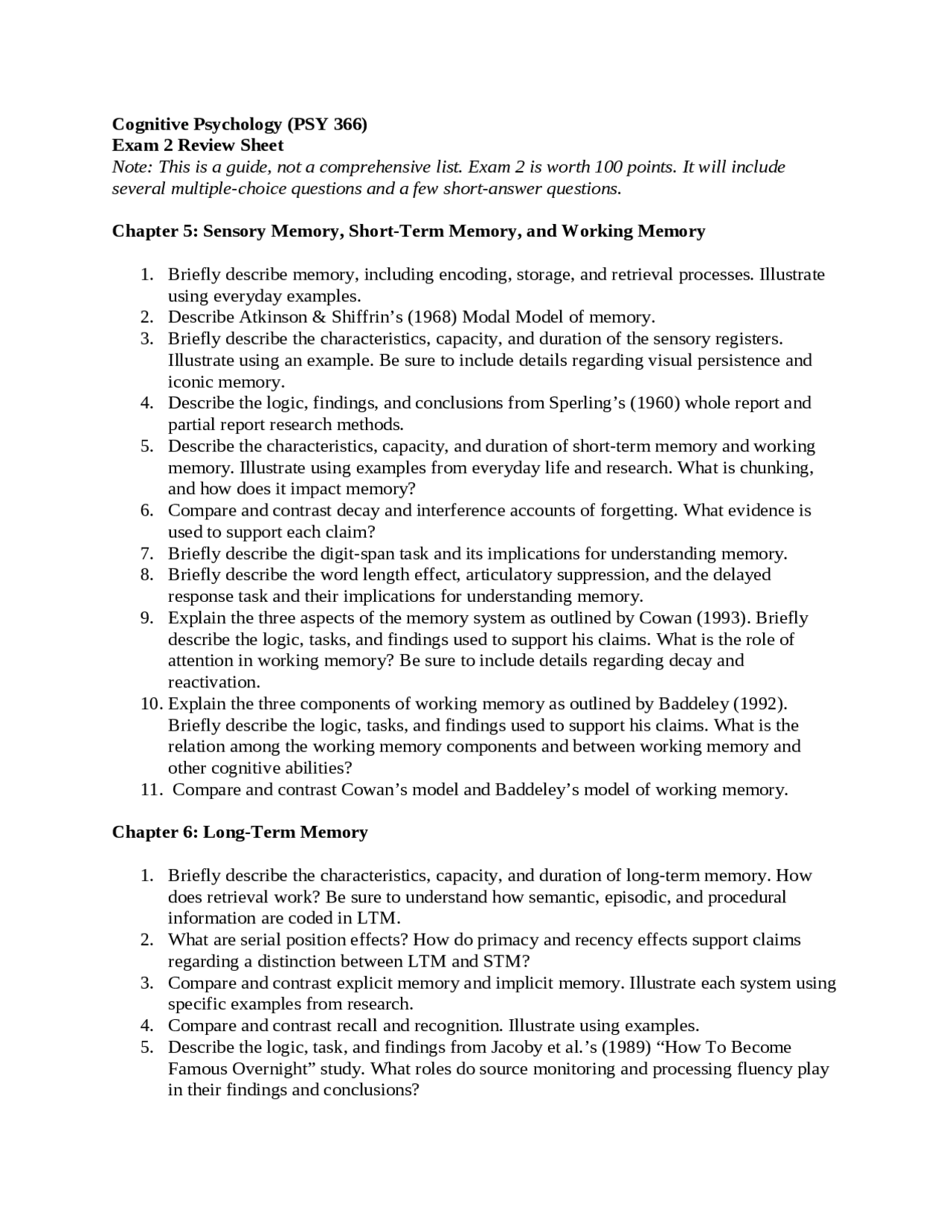 Exam 2 Review Sheet, Short Term Memory - Cognitive Science | PSY 455.00 ...