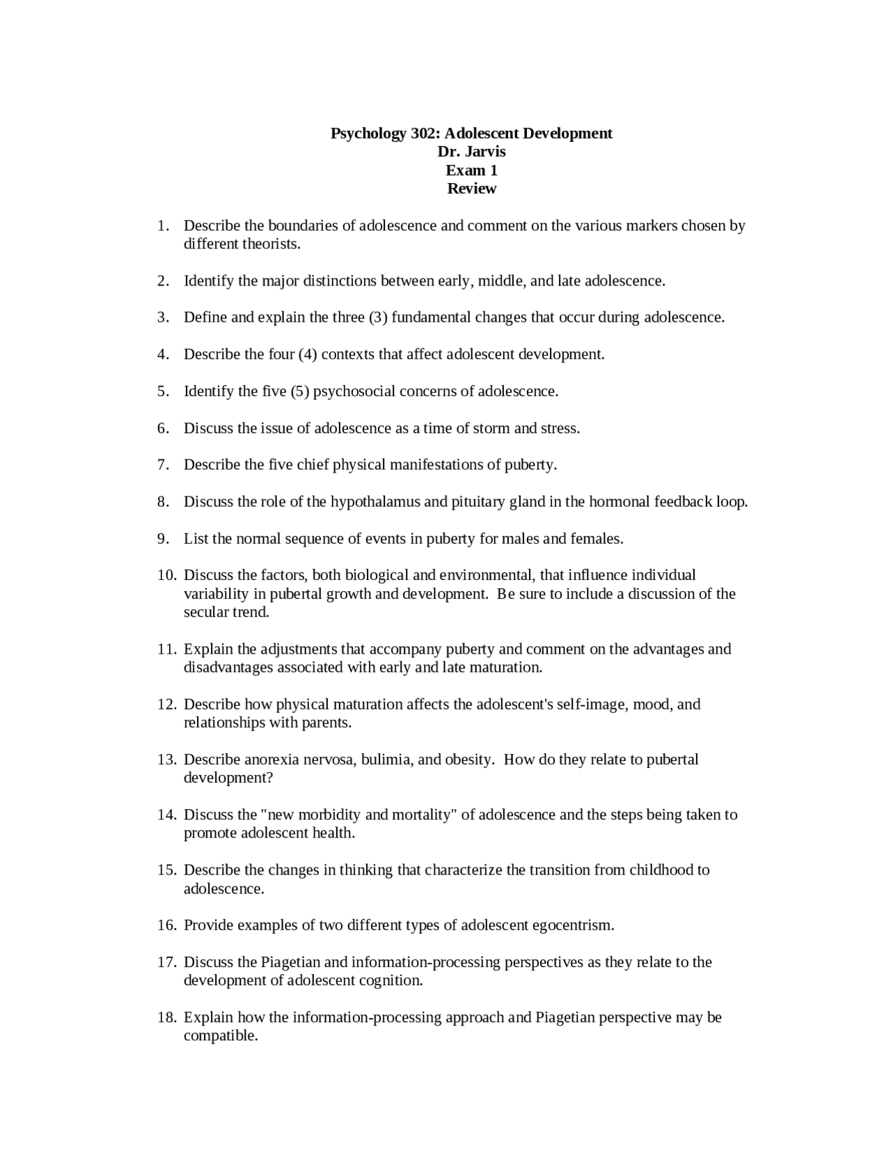 Exam 1 Review Sheet For Adolescent Development Psy 30200 Docsity