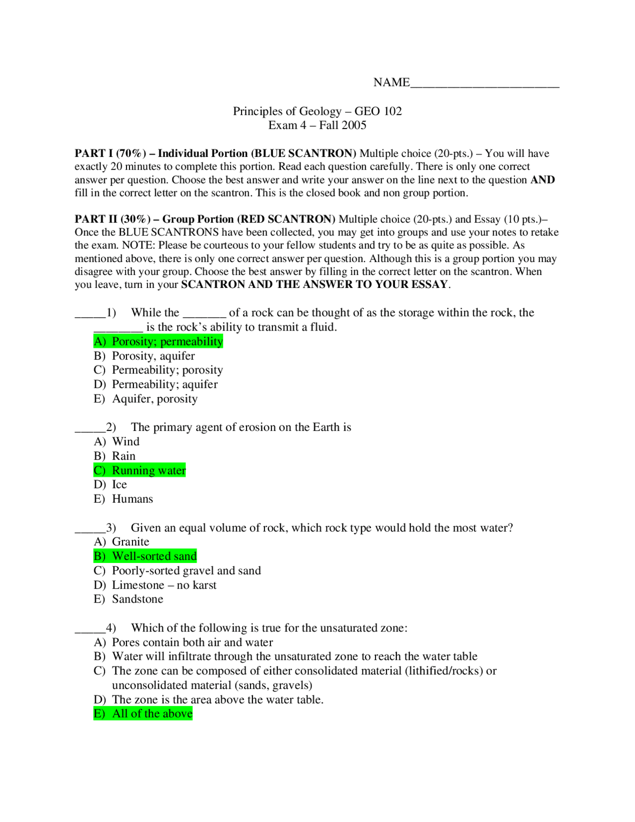 Answer Key For Exam 4 Principles Of Geology Fall 2005 Geo 10200